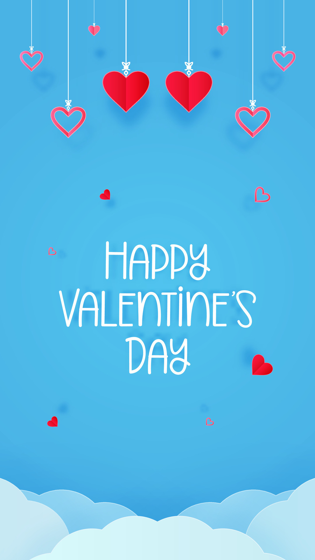 Happy Valentine's Day Greeting In A Romantic Blue Cloudscape Decorated With Fluffy Clouds and ...
