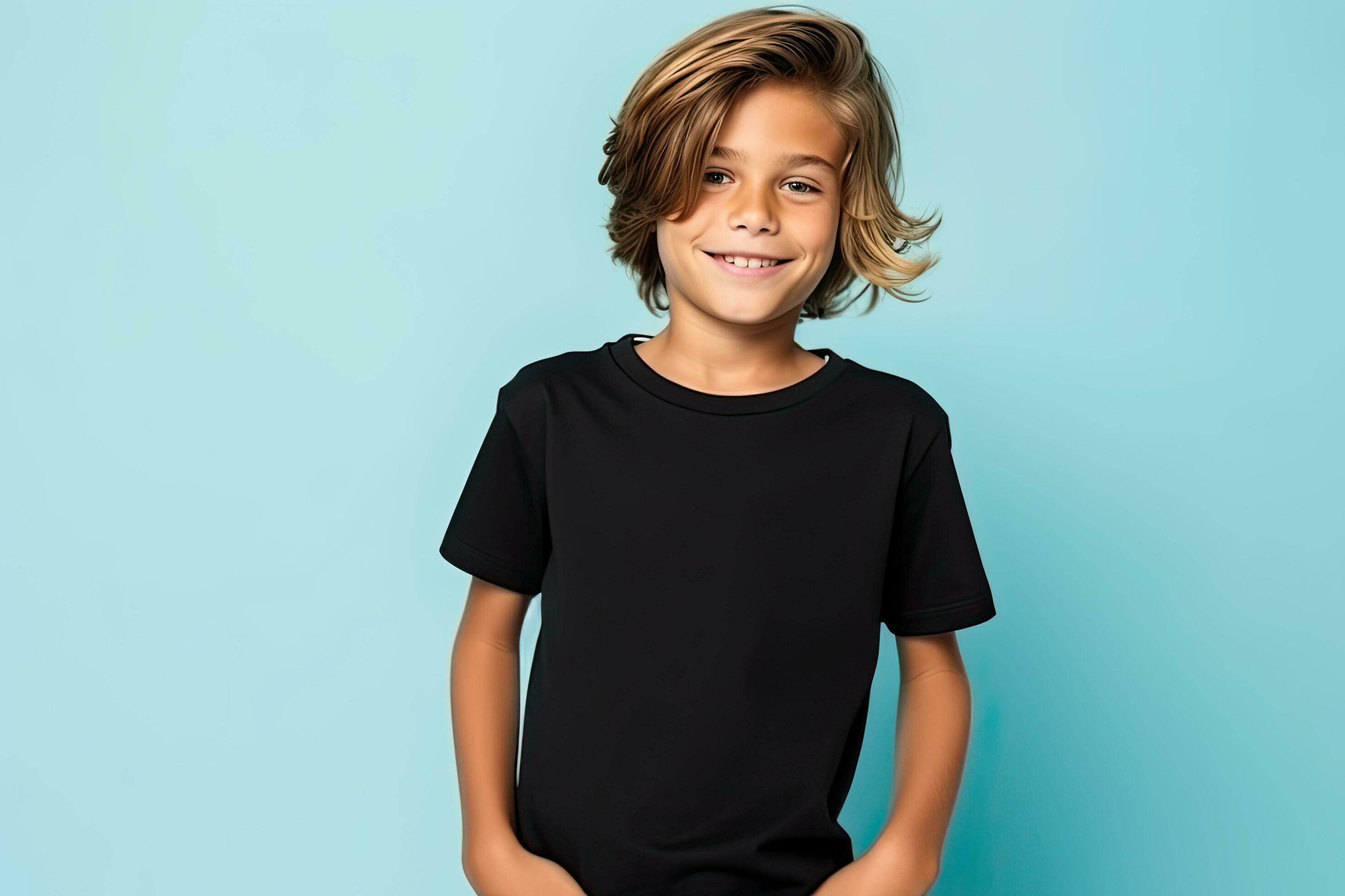 AI generated Boy in black t-shirt on blue background. T-shirt mockup ...