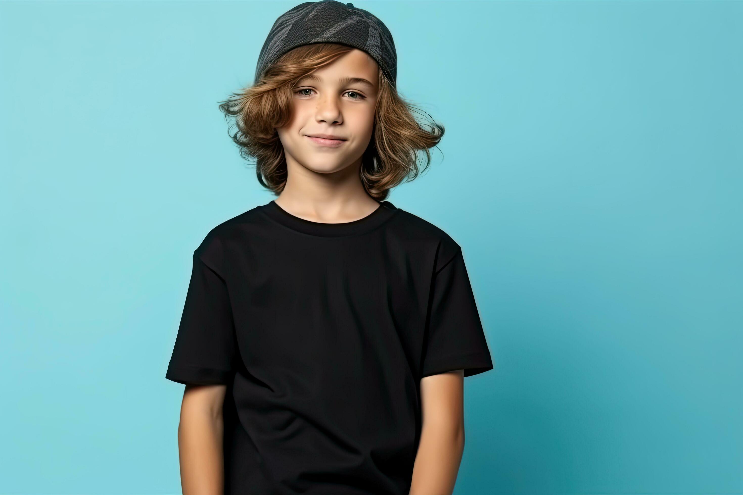 AI generated Cute boy in black t-shirt and cap. Kids t-shirt mockup ...