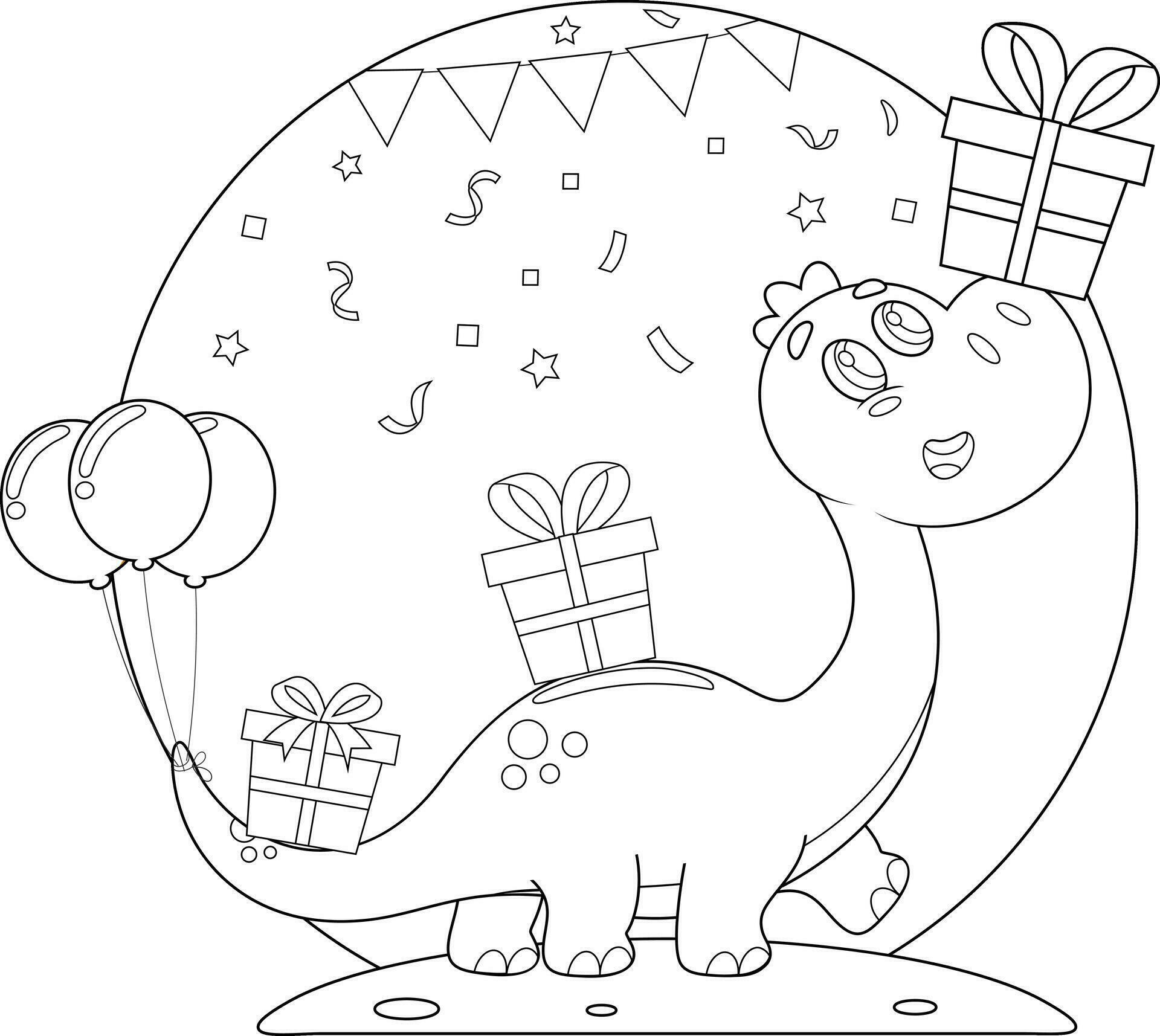 Outlined Cute Birthday Dinosaur Cartoon Character Carries On T Boxes Vector Hand Drawn