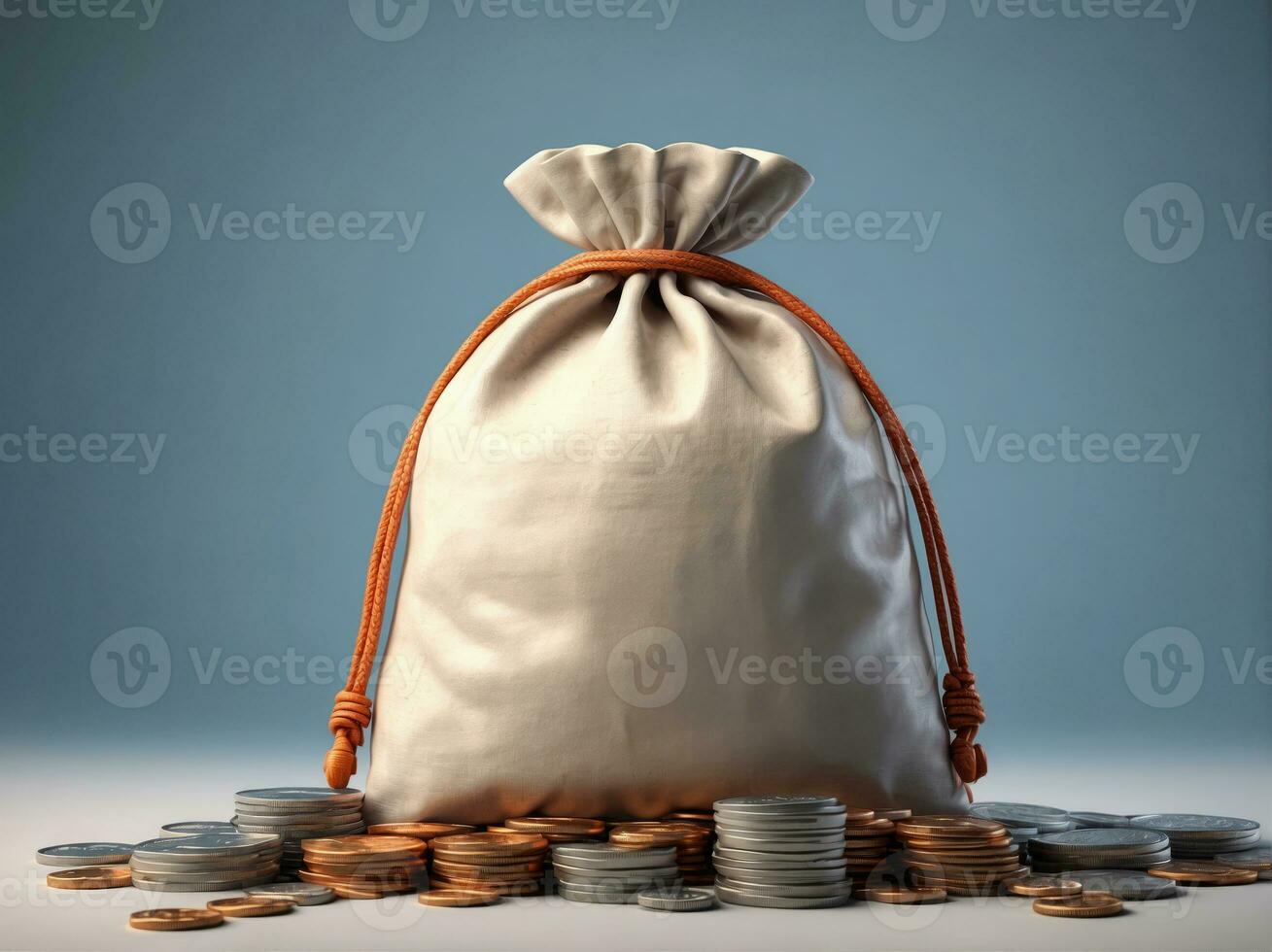 AI generated Canvas Money Bag Surrounded by Stacks of Coins on Blue ...