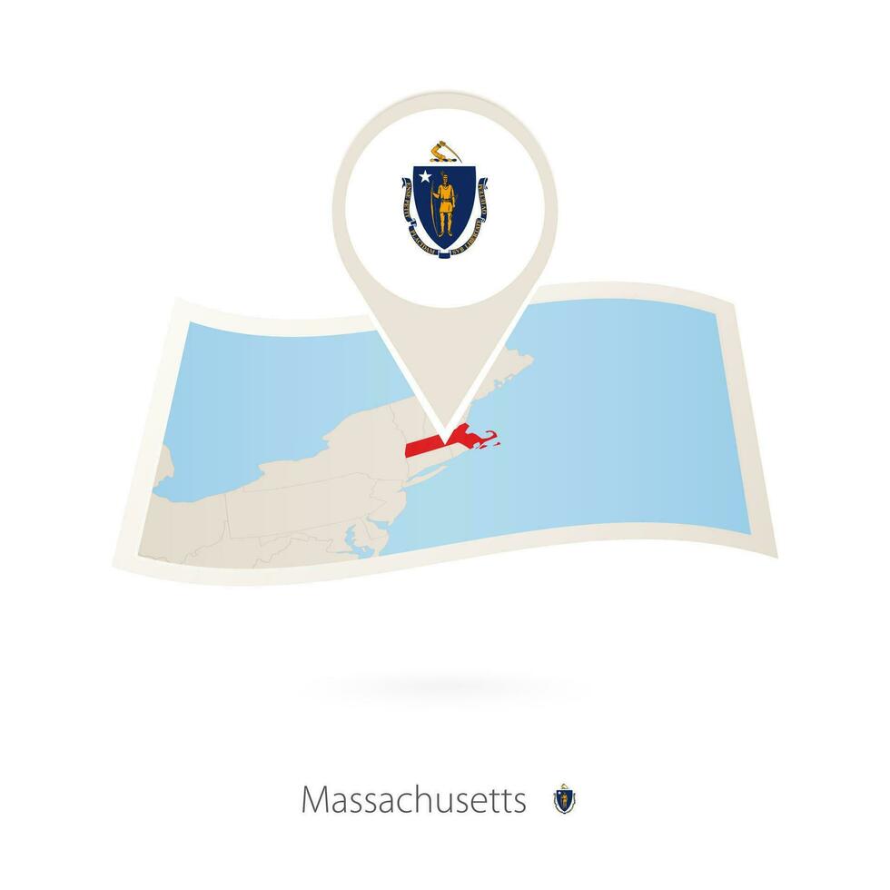 Folded paper map of Massachusetts U.S. State with flag pin of ...