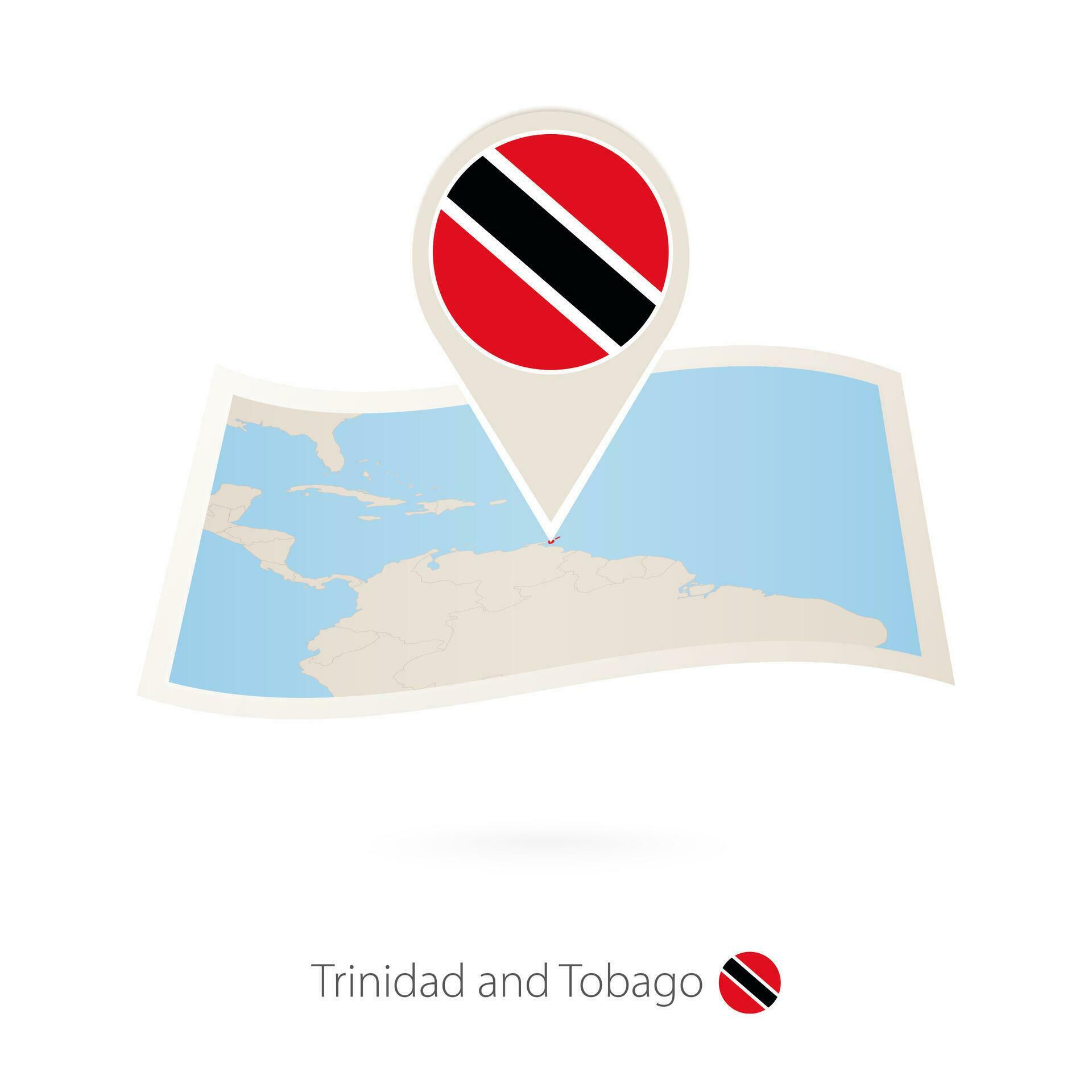 Folded paper map of Trinidad and Tobago with flag pin of Trinidad and ...