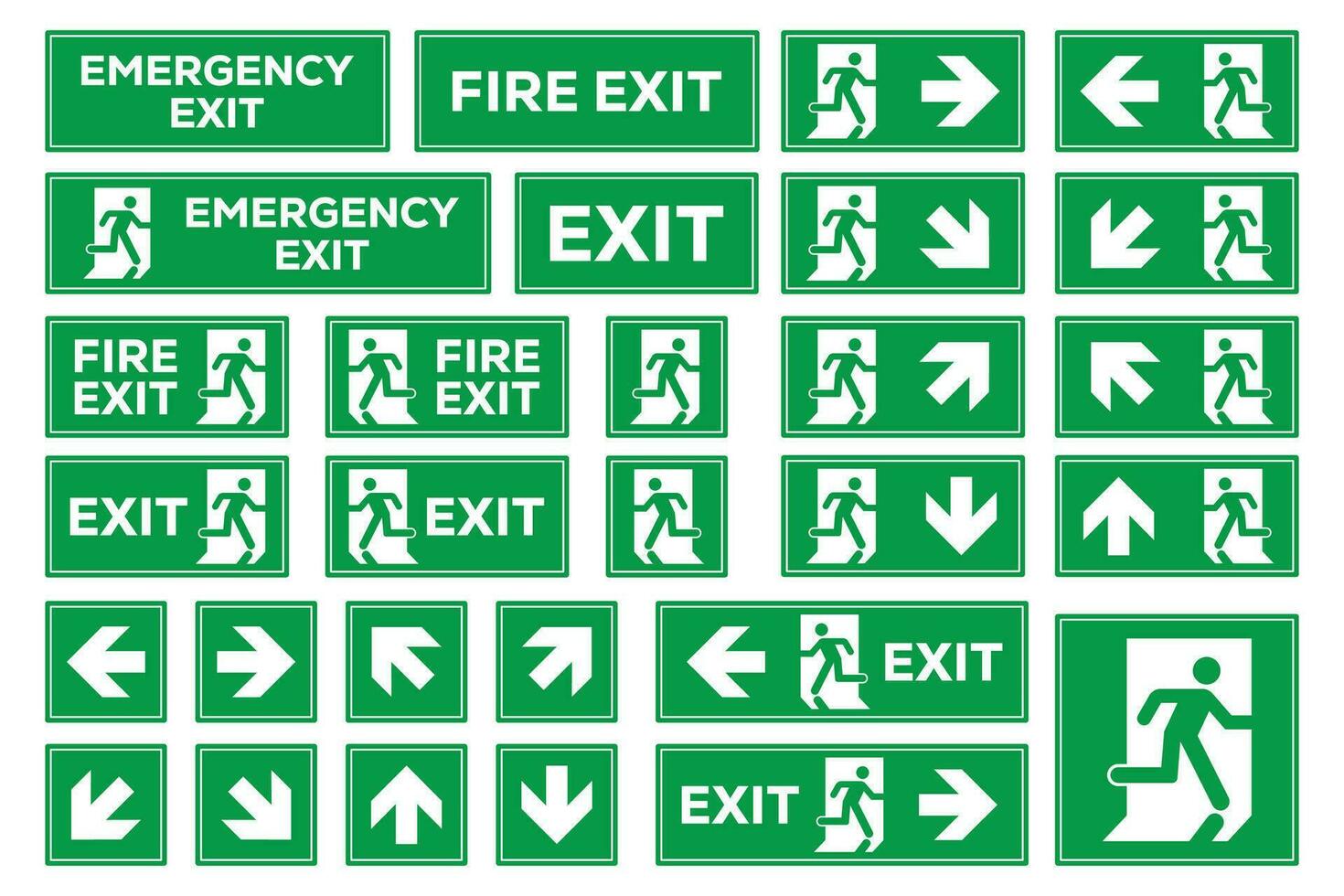 Exit sign set. Emergency and fire exit icons. Man running out arrow, green background. 36945177 ...