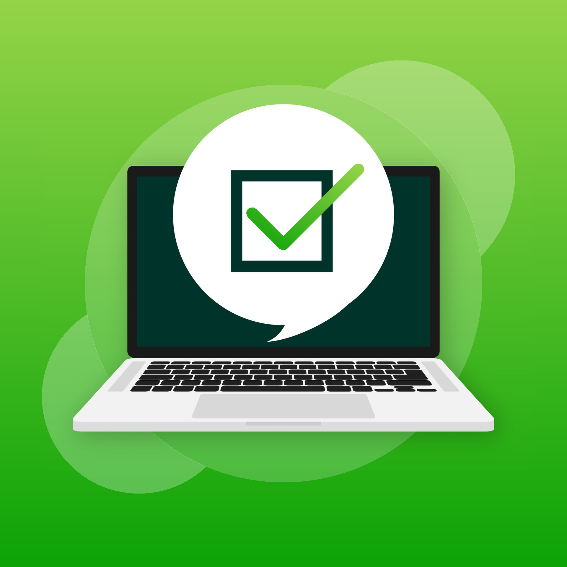 Laptop having approved tick notification, successful operation check ...