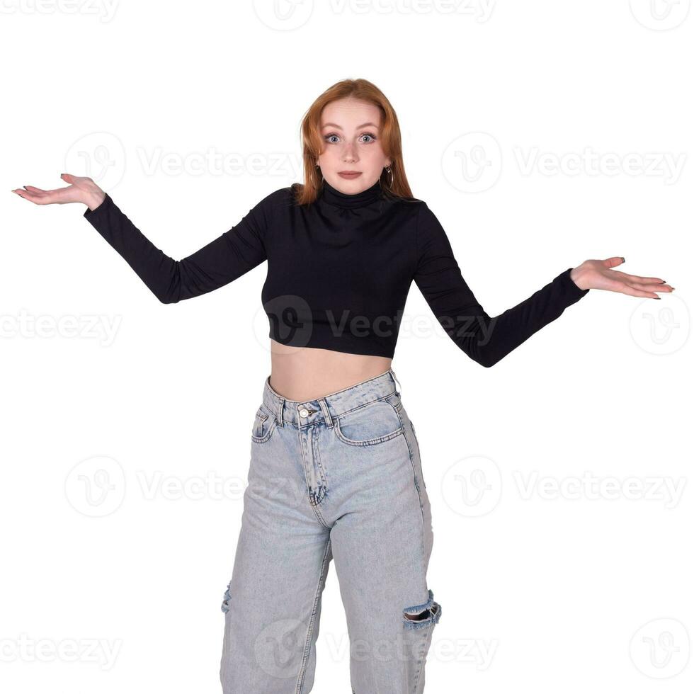 young woman shrugging her shoulders isolated on white background ...