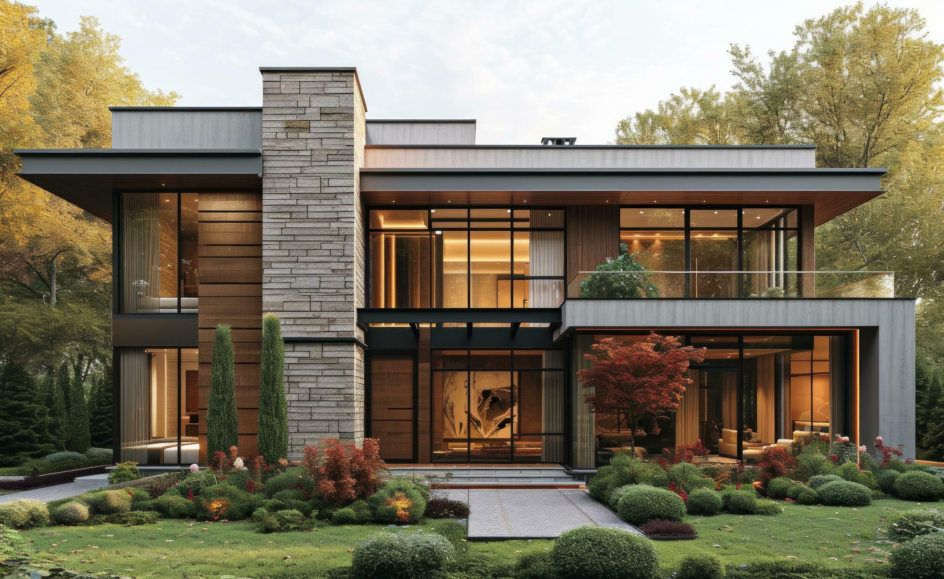 AI generated architectural rendering of a modern home with wood and ...