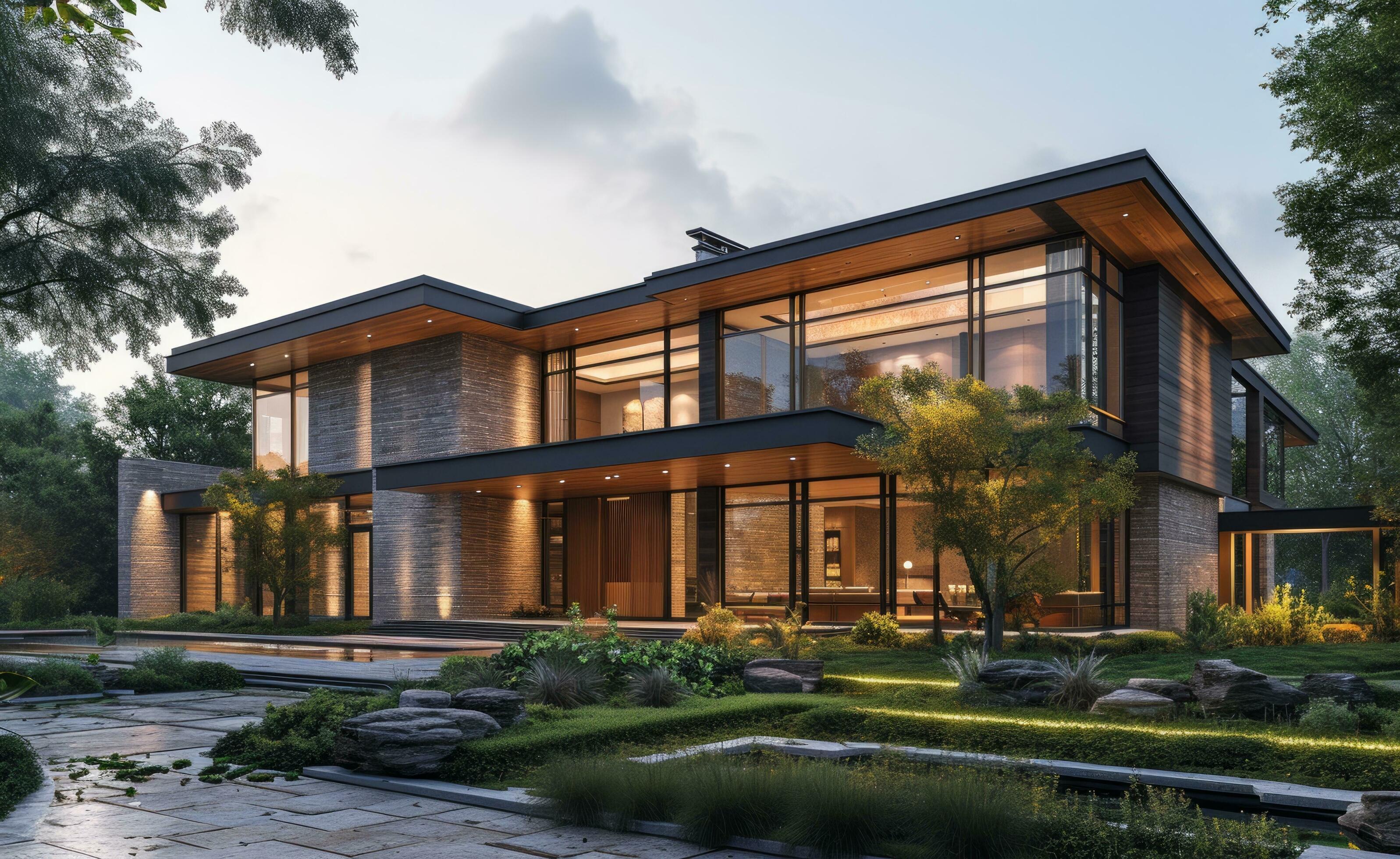 AI generated architectural rendering of a modern home with wood and ...