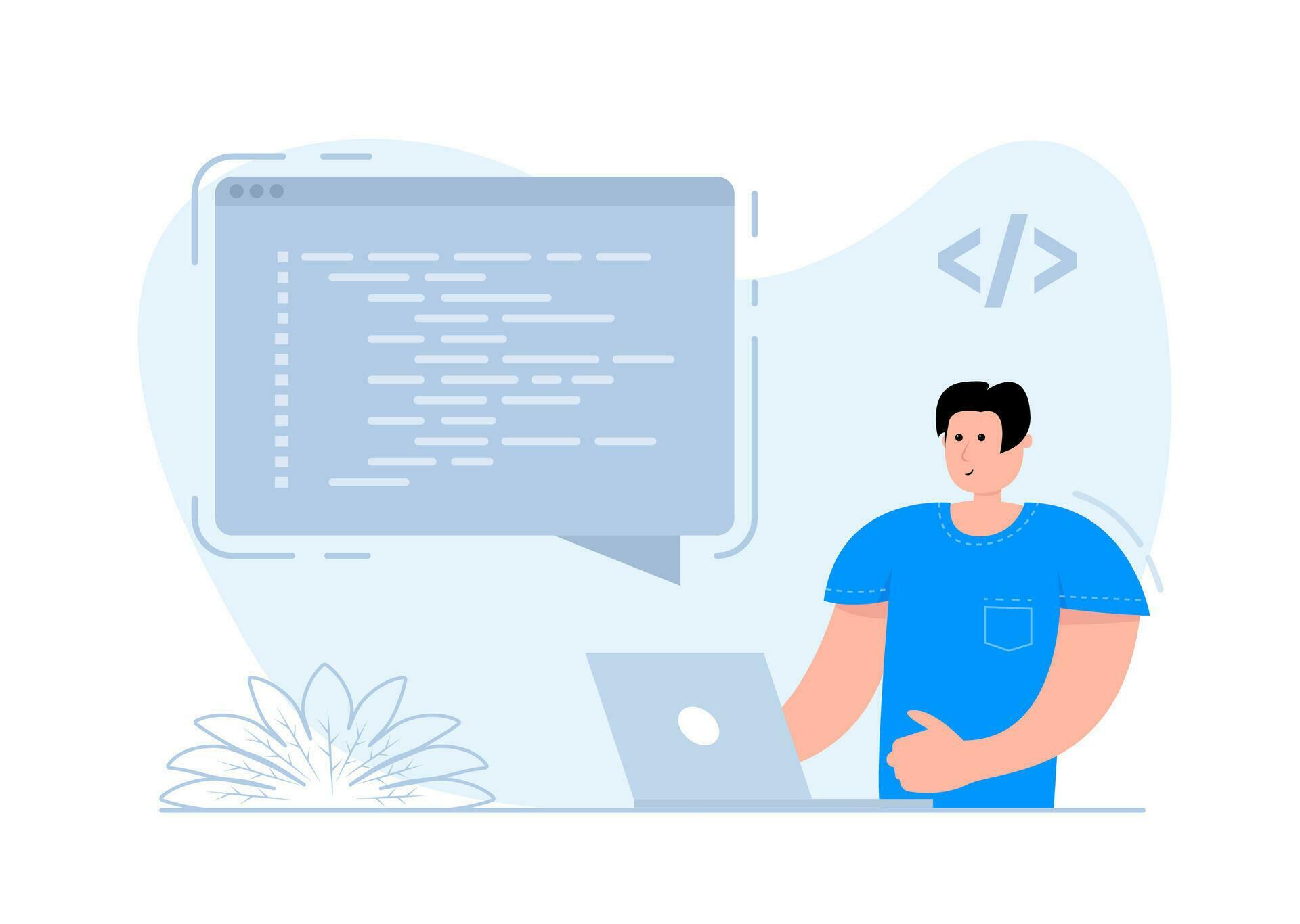 A man stands near the smartphone, on the screen Programmer working ...