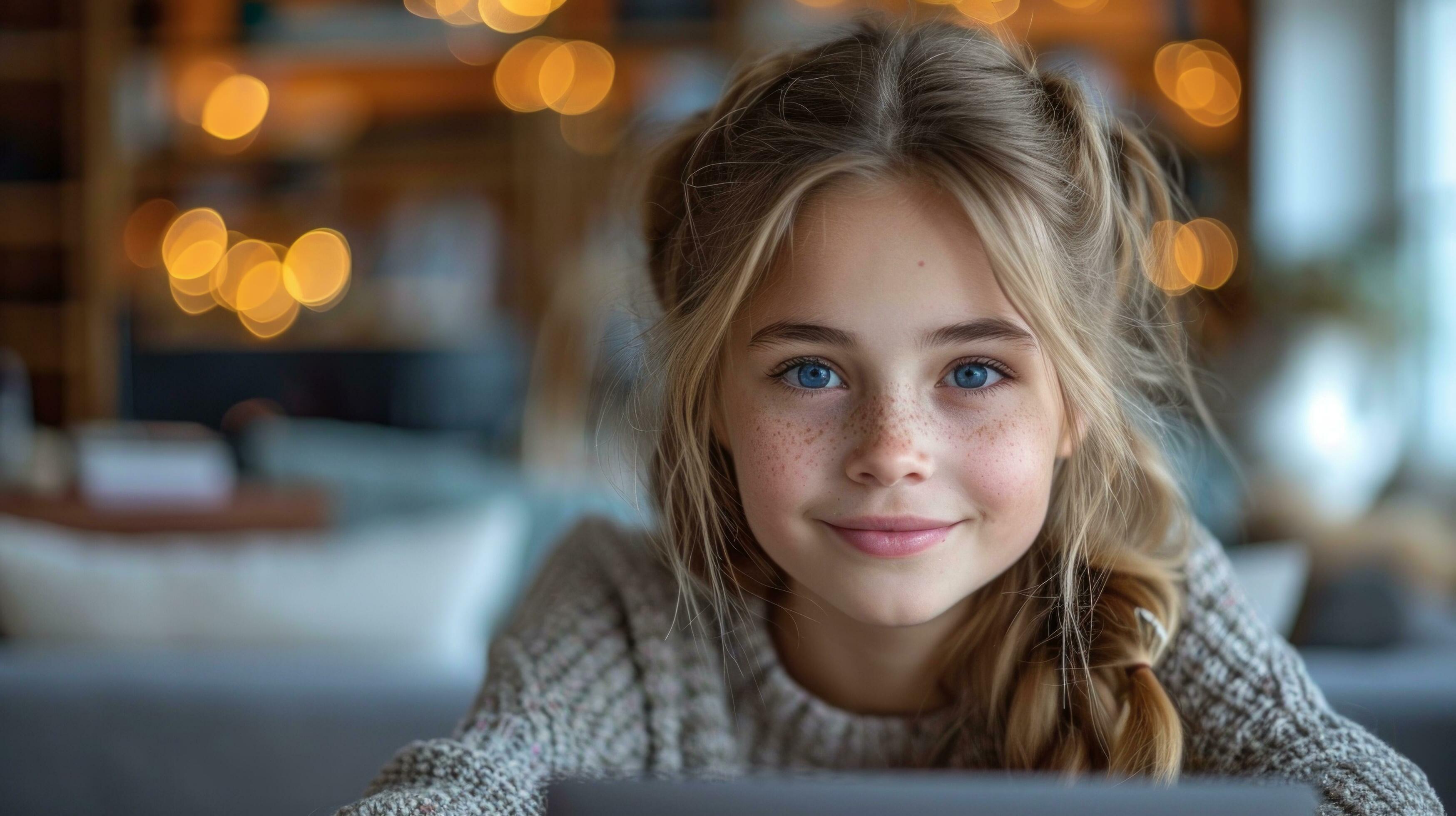AI generated nice 11-years old girl with laptop in the room 37038740 Stock Photo at Vecteezy