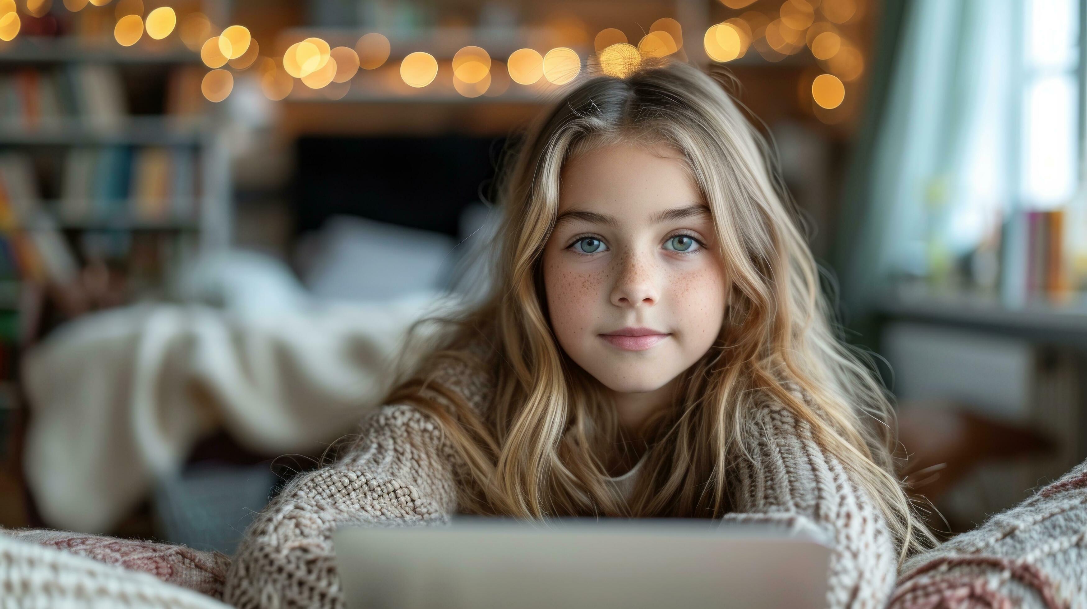 AI generated nice 11-years old girl with laptop in the room 37039727 Stock Photo at Vecteezy