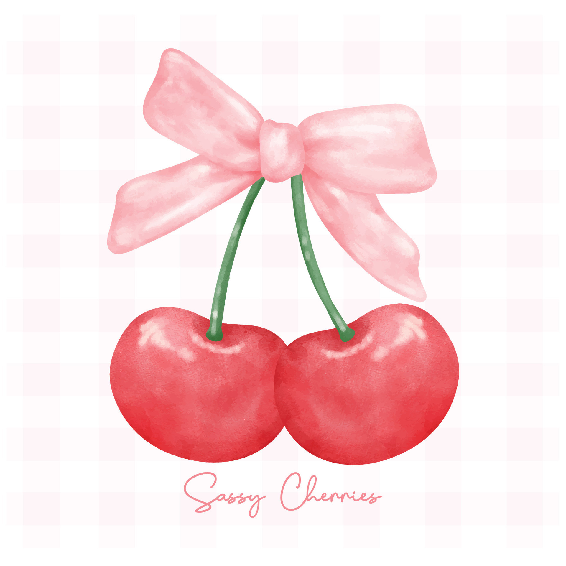 Red coquette cherries with pink ribbon bow, aesthetic watercolor hand ...