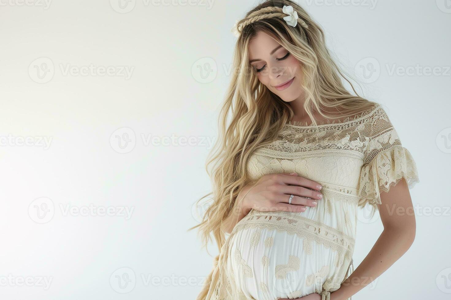 Ai Generated Portrait Of Beautiful Young Pregnant Woman Touching Belly Standing On Colour