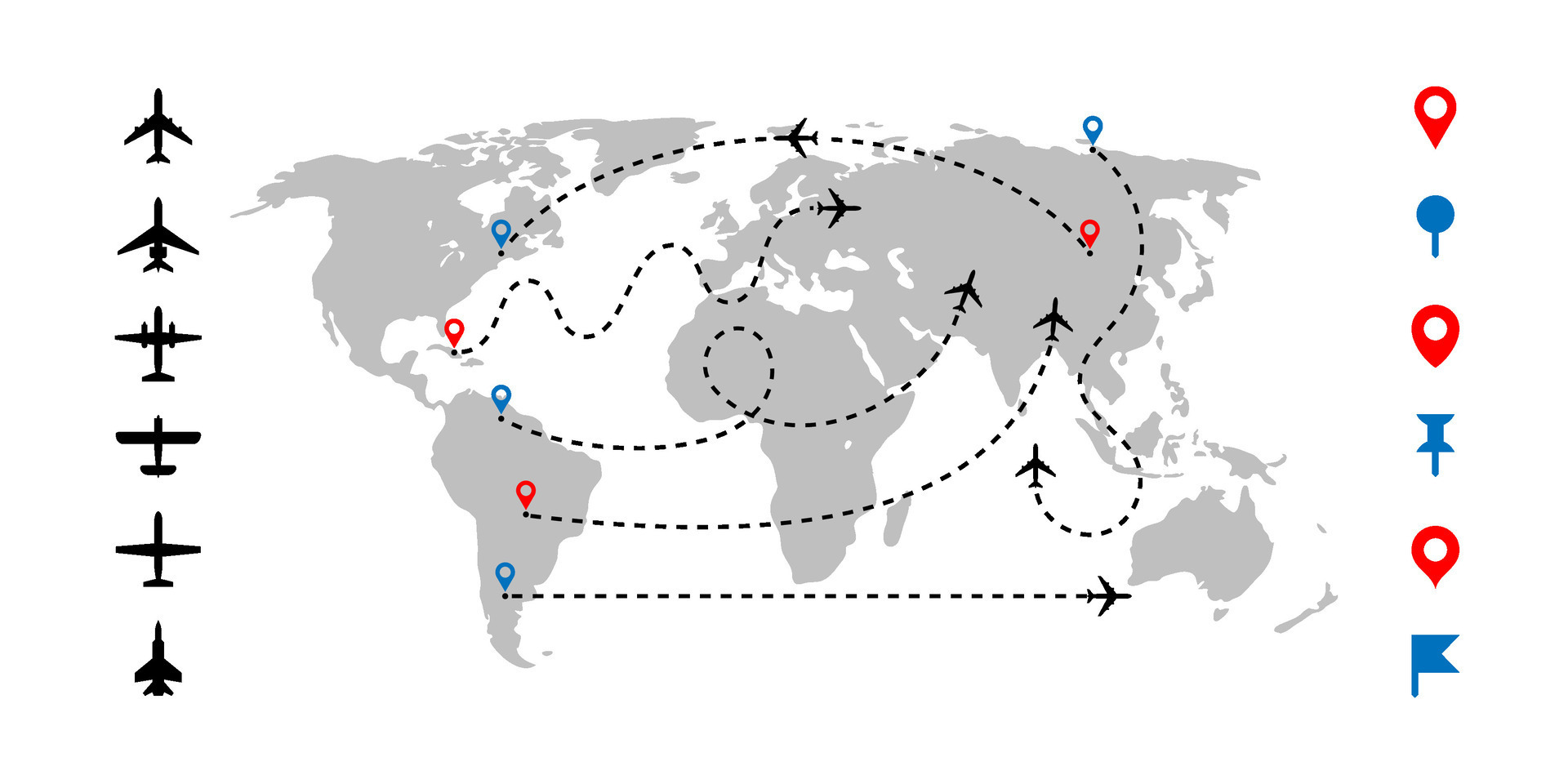World Map And Plane Airplane Dashed Route Line And Various Map Pins