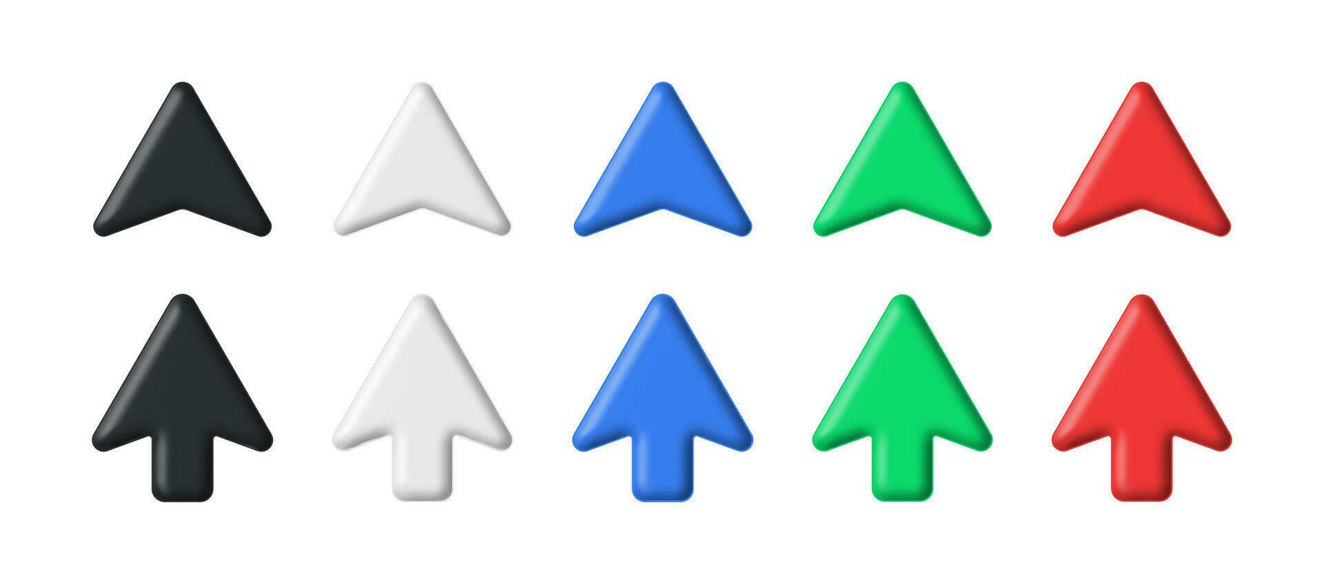 3d arrows. Realistic device multicolor pointers, 3d mouse cursor ui icons. Black and white, red ...