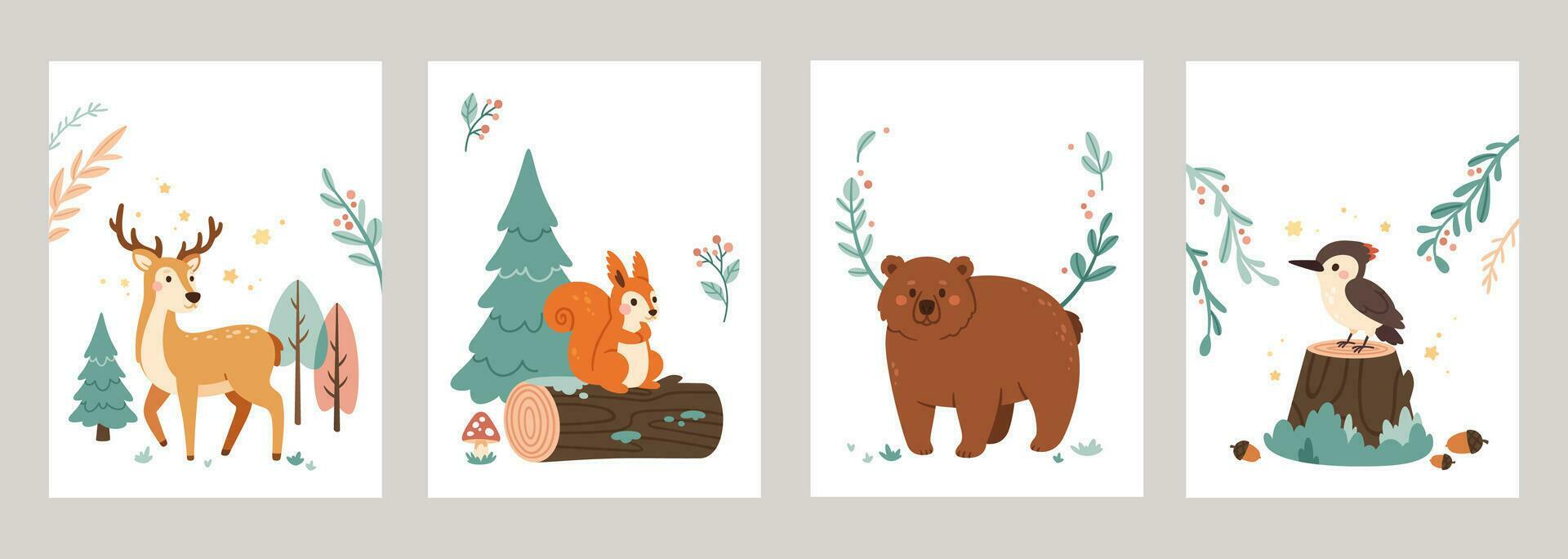 Woodland animals card. Cute deer, squirrel and woodpecker, bear forest ...