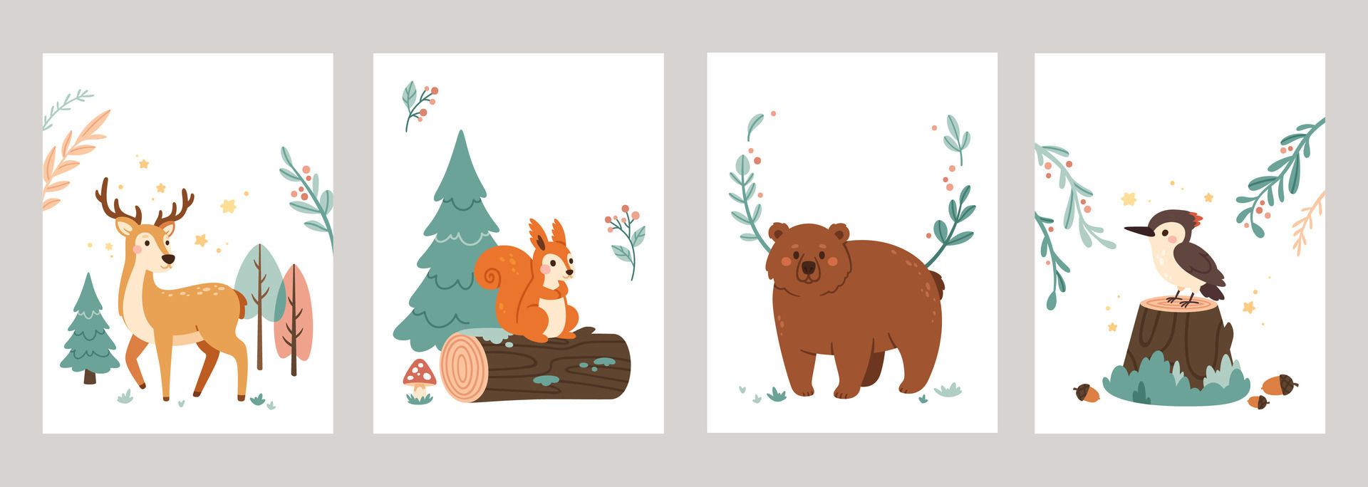 Woodland animals card. Cute deer, squirrel and woodpecker, bear forest ...