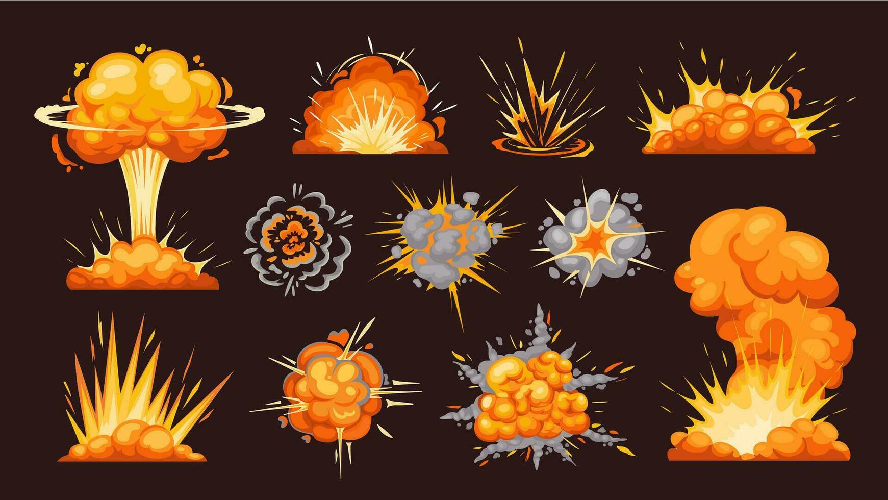 Cartoon explosions. Comic explosive detonation, game bomb blast, explose animation, explode ...