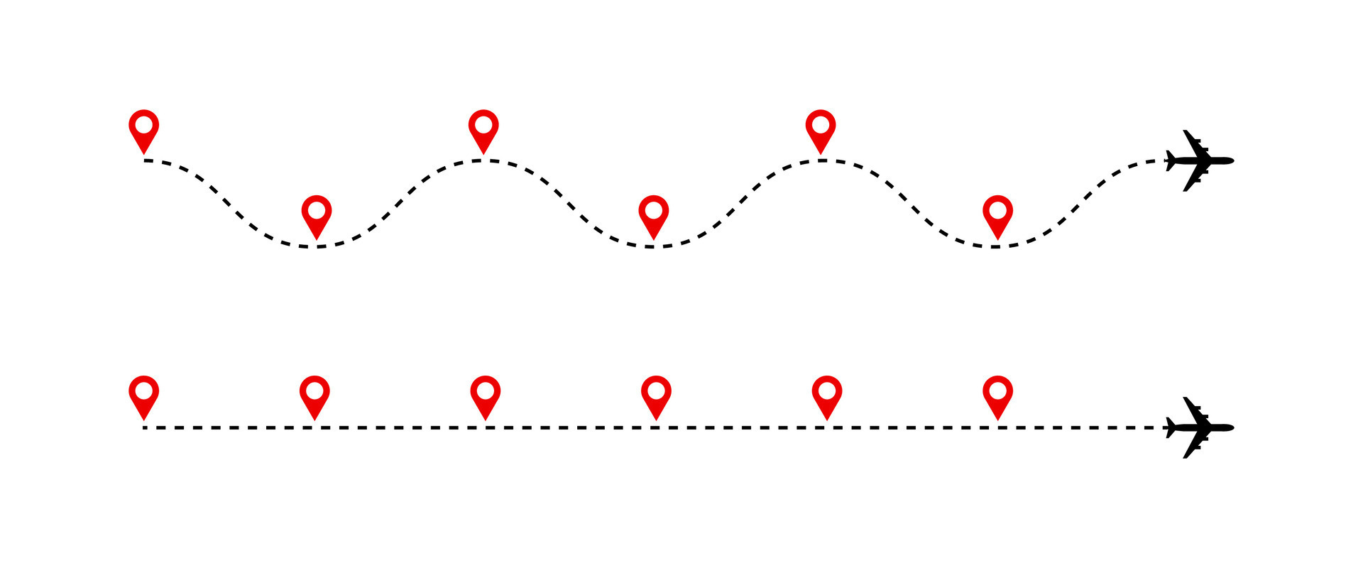 Timeline. Plane route dashed line with red map pins, airplane journey ...