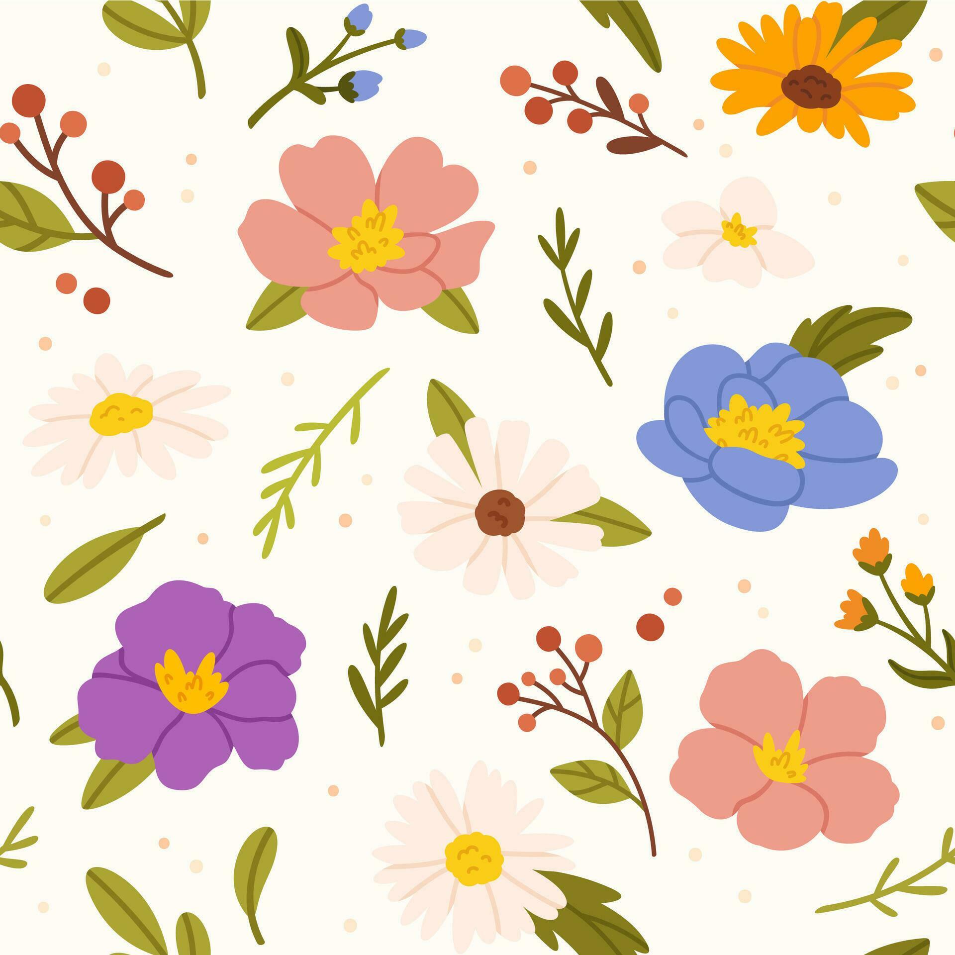 Spring flower seamless pattern. Cute wildflowers and yellow, red and ...