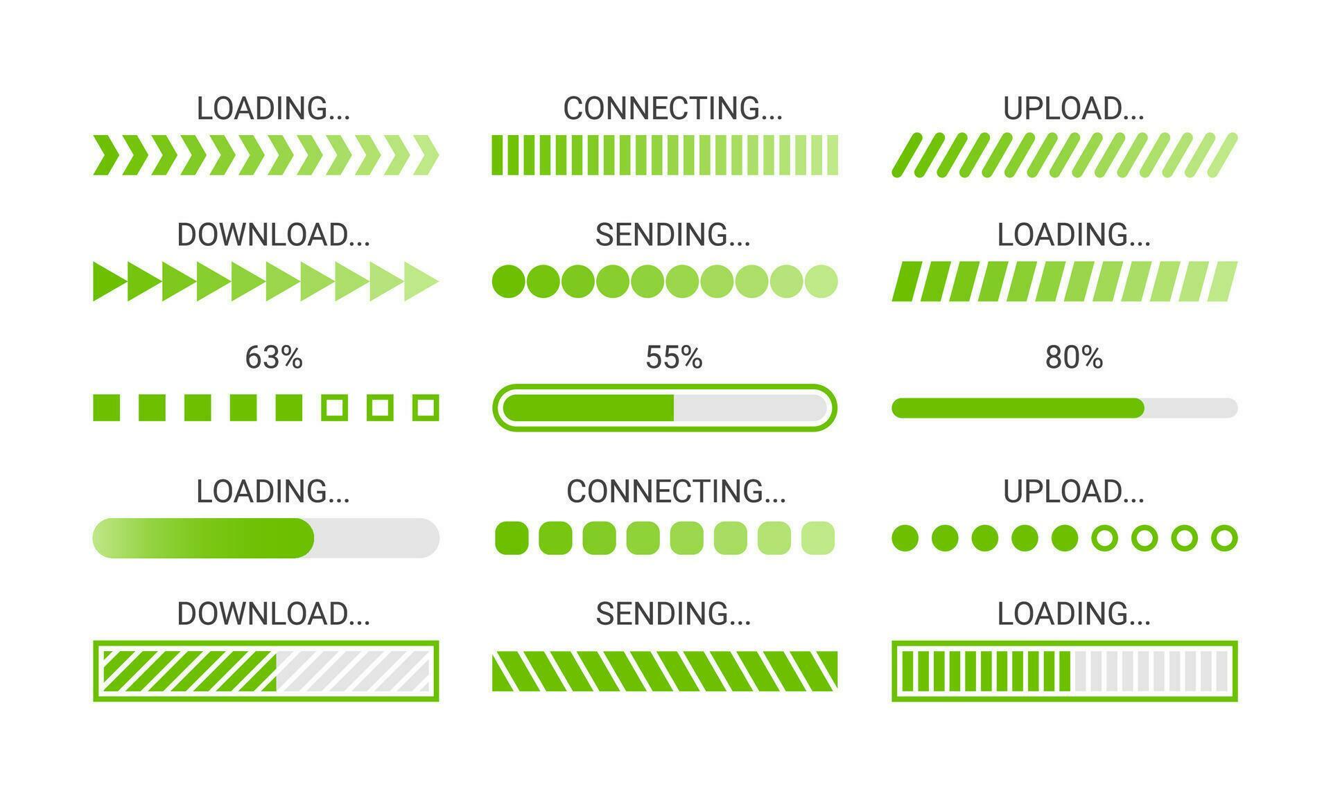 Loading bar. Green download progress loader, buffer status UI elements. Upload, download and ...
