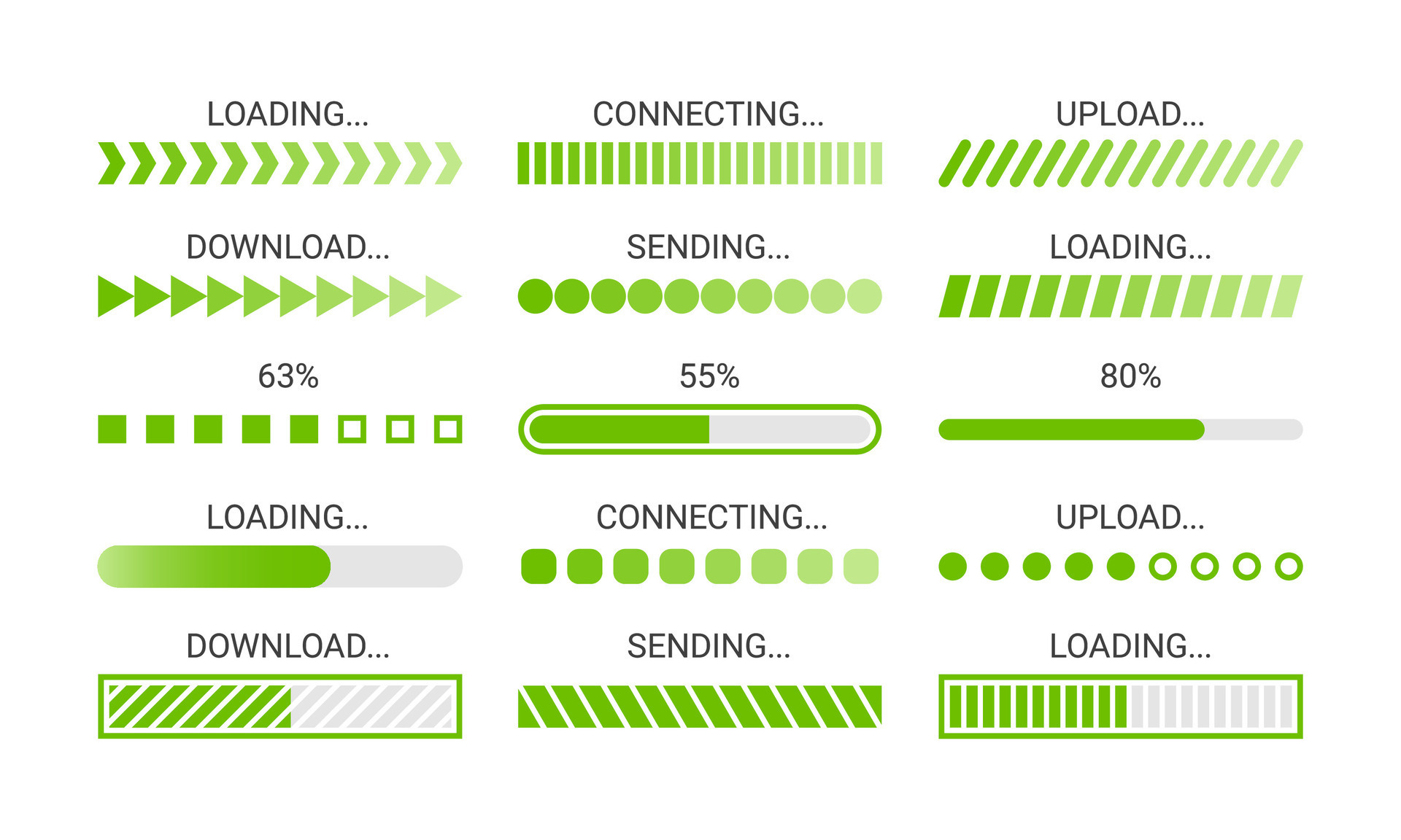 Loading bar. Green download progress loader, buffer status UI elements ...