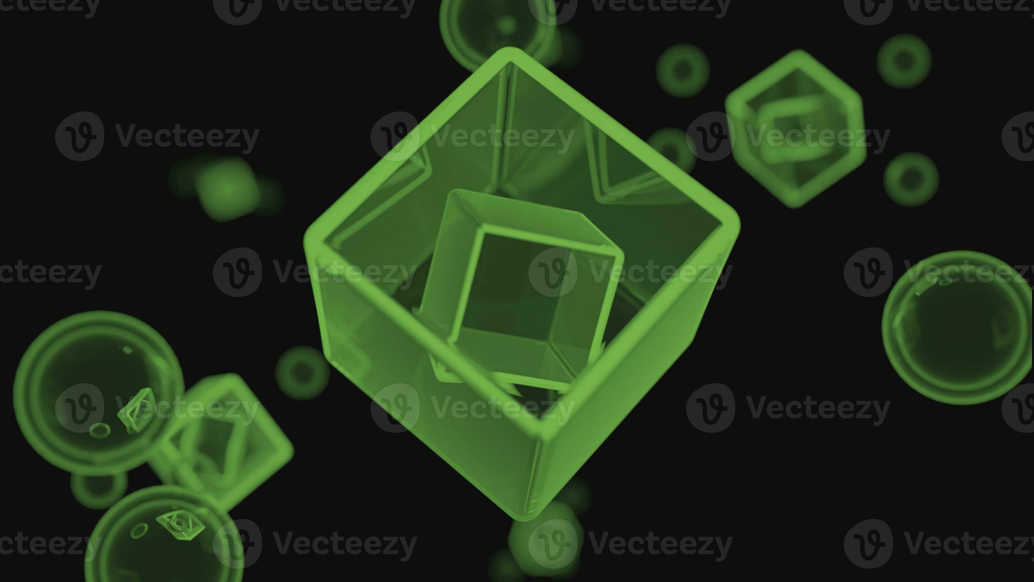 Balls move around rotating 3d squares. Design. Animated cyber figures ...