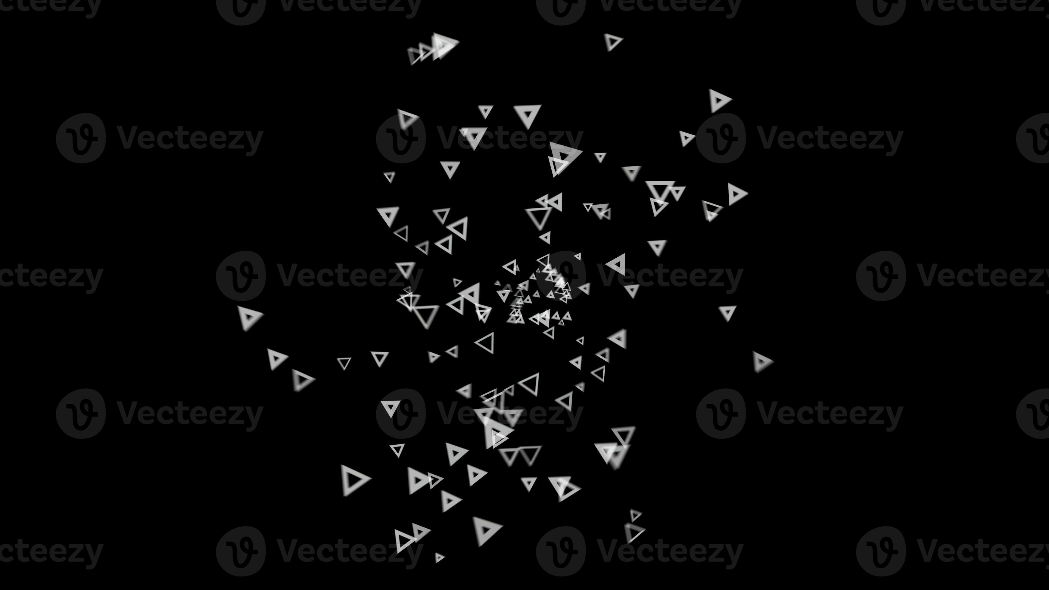 Abstract background of numerous white triangles floating chaotically on a black. Animation ...
