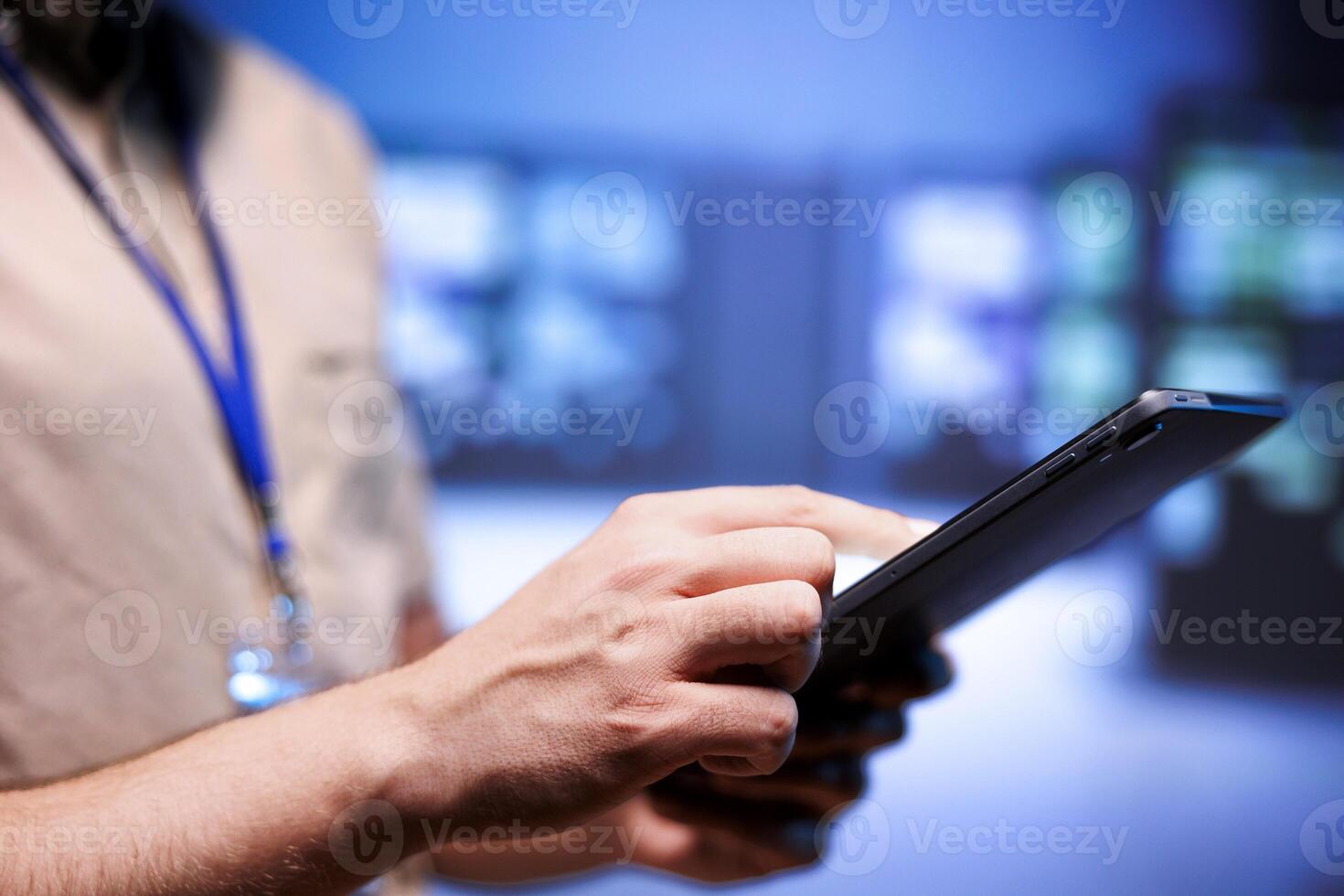 Admin Checking Interlinked Computers Creating Server Network Close Up Supercomputers In Blurry