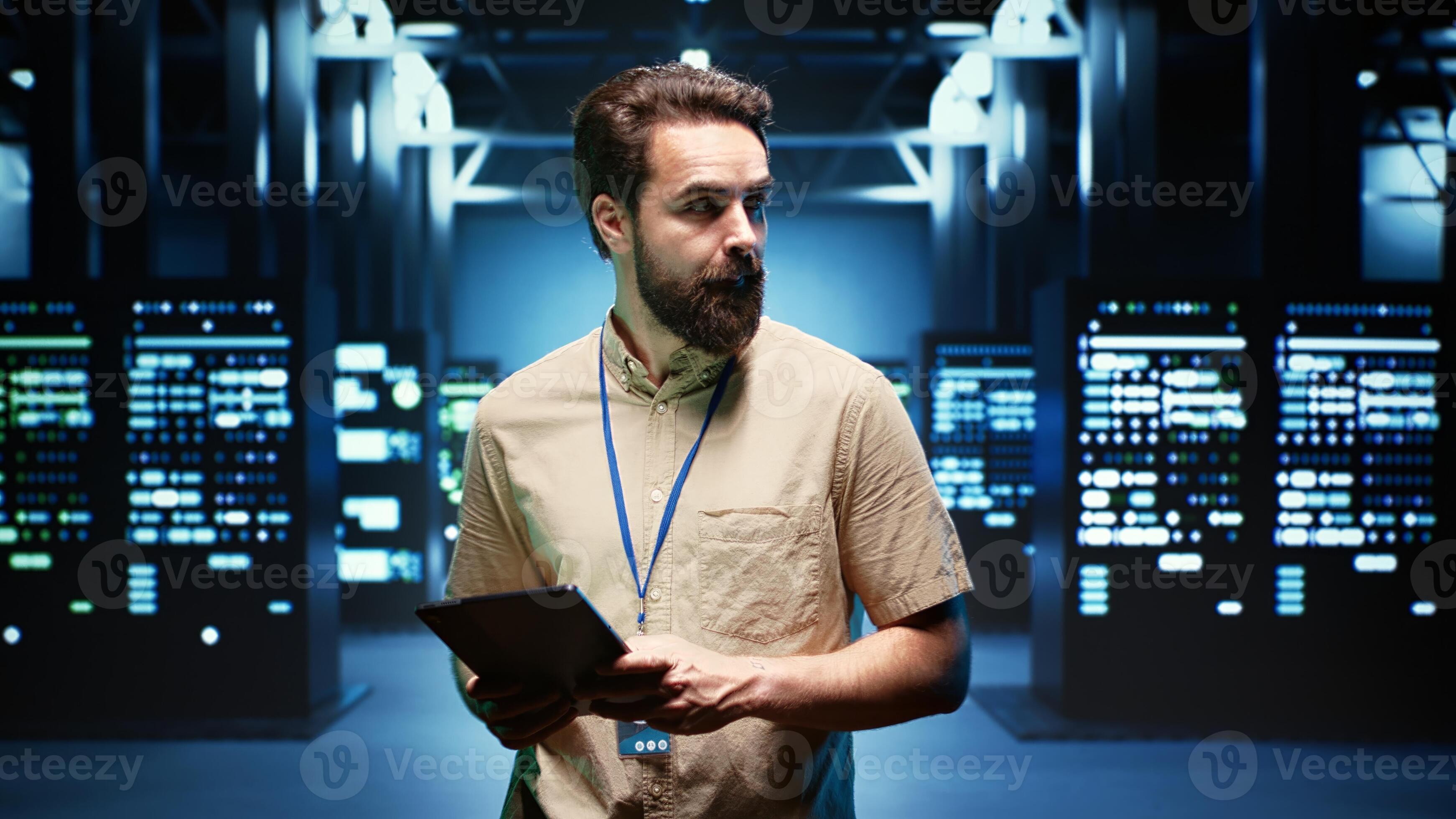 Engineer walking through data center providing computing resources needed for artificial ...