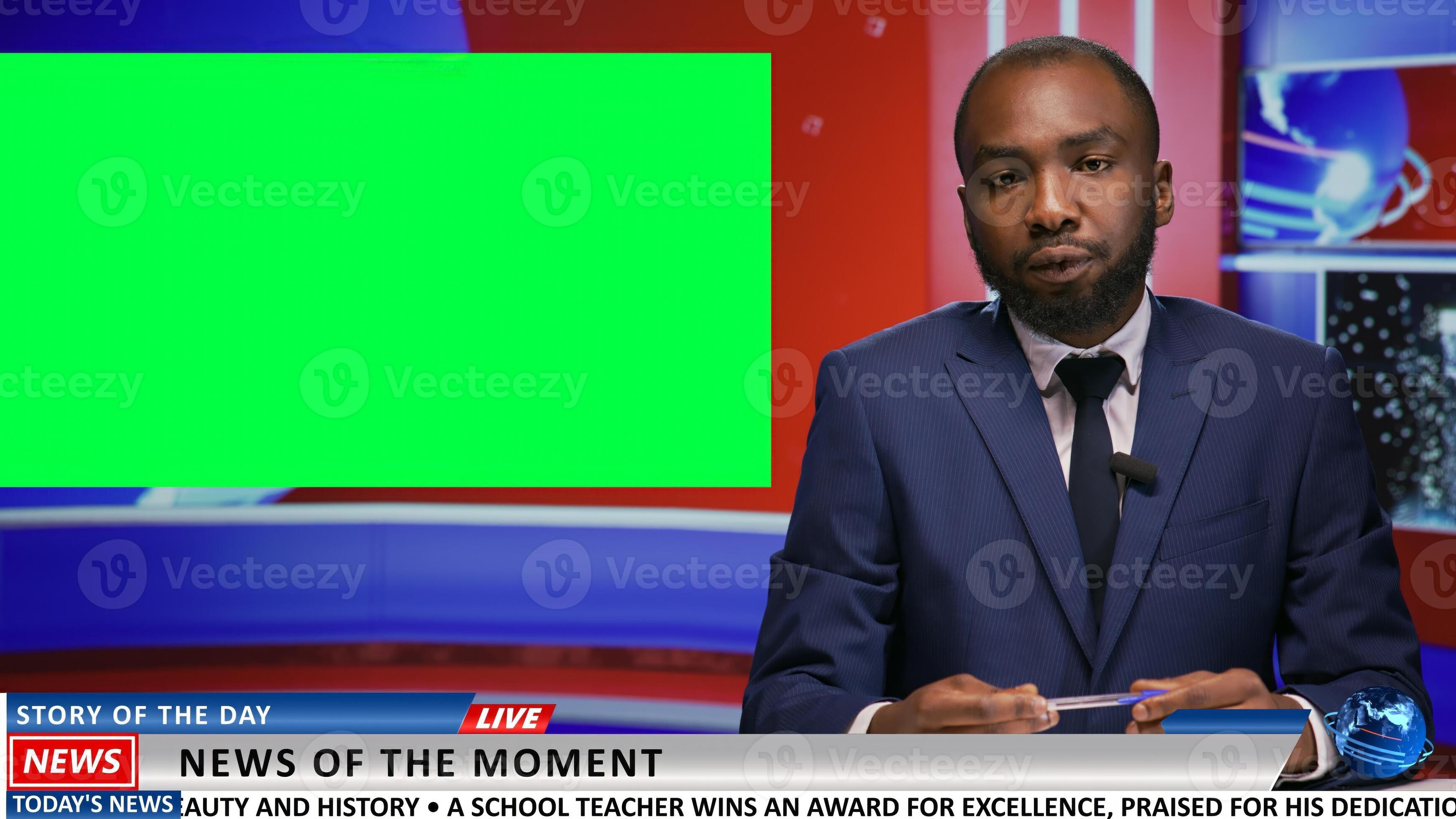 Newscaster Does Report With Greenscreen On Live Tv Program Presenting