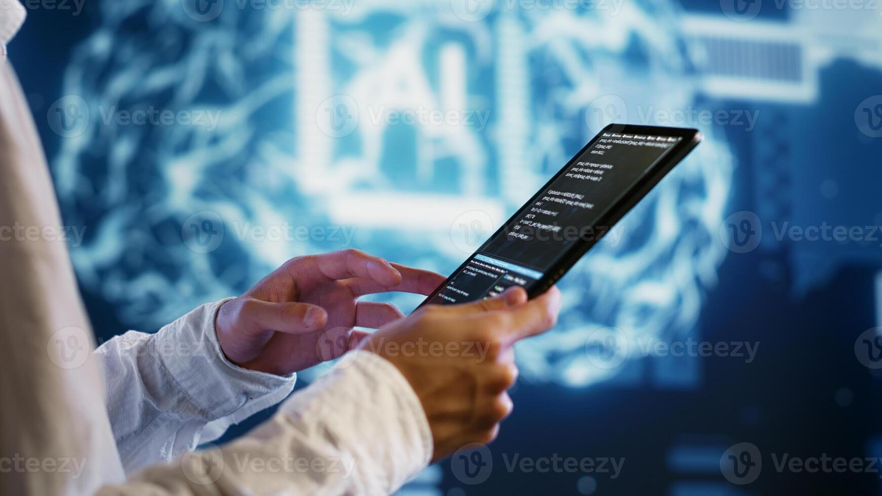It Developer Writing Artificial Intelligence Script Code In Startup Workspace On Tablet Terminal