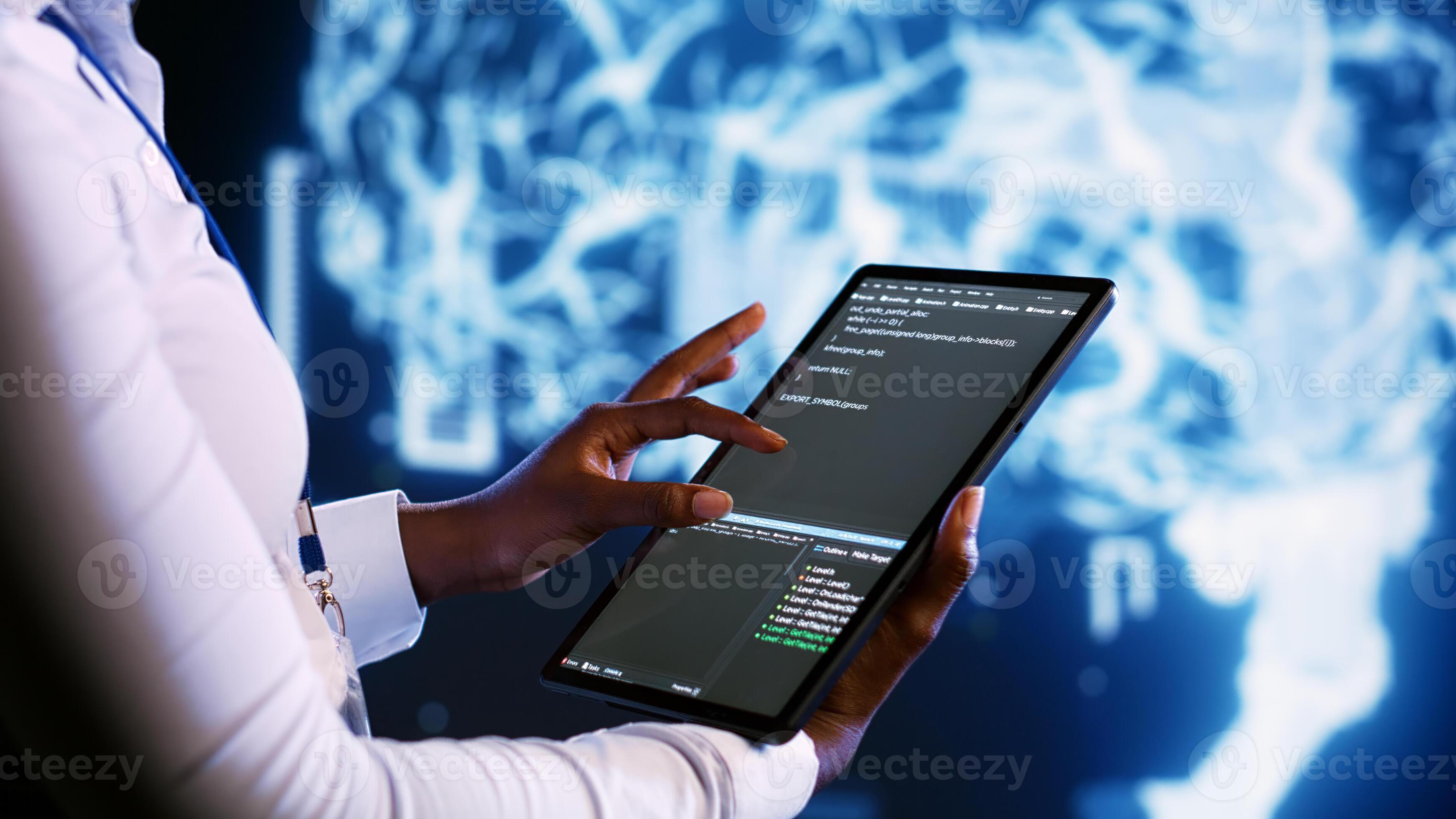 Professional updating AI systems, writing intricate binary code scripts on tablet, visualizing ...