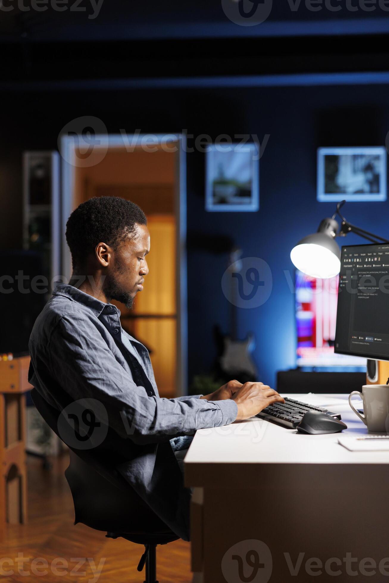 Male Programmer Working On Developing New Html Script Typing Binary Code On Terminal Window