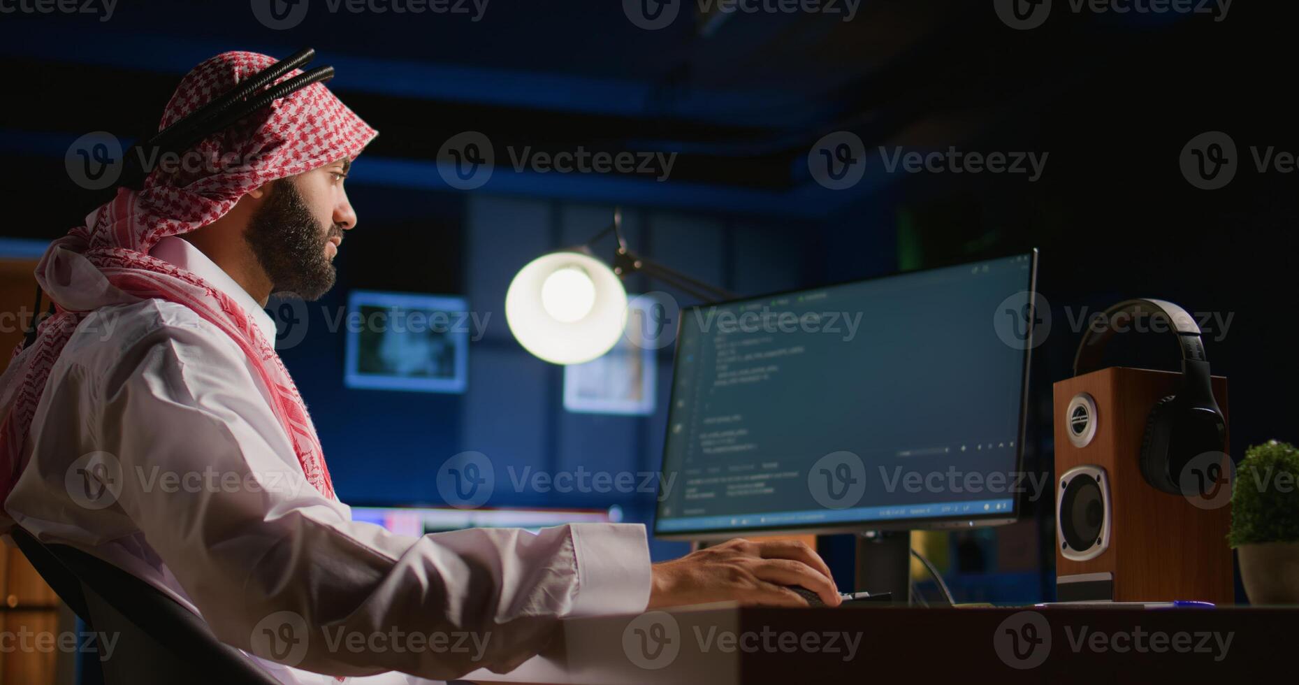 Arab Technician Writing Script Code On Computer Screen Inputting Commands On Terminal Middle