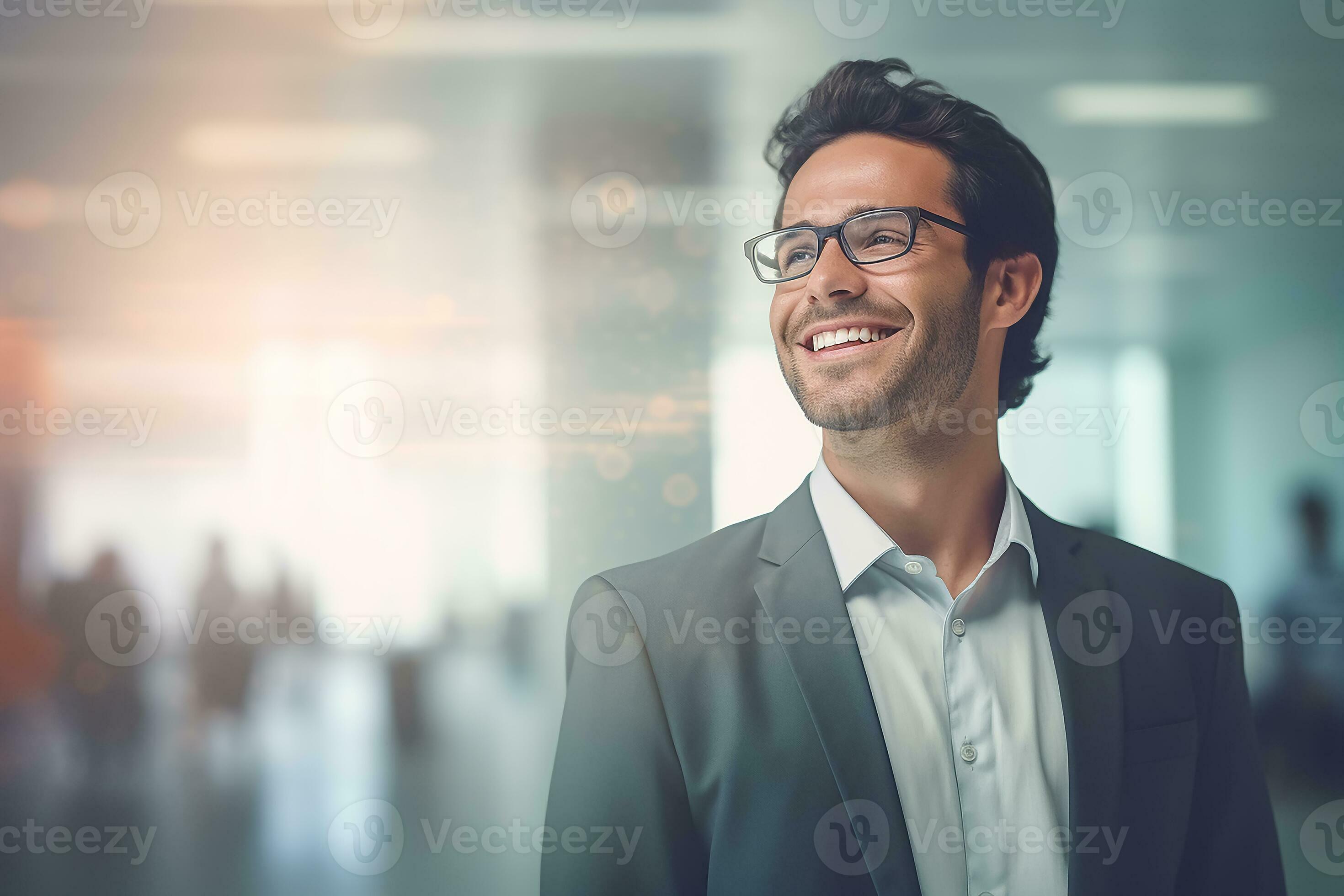 AI generated A happy smiling professional man, light blurry office ...