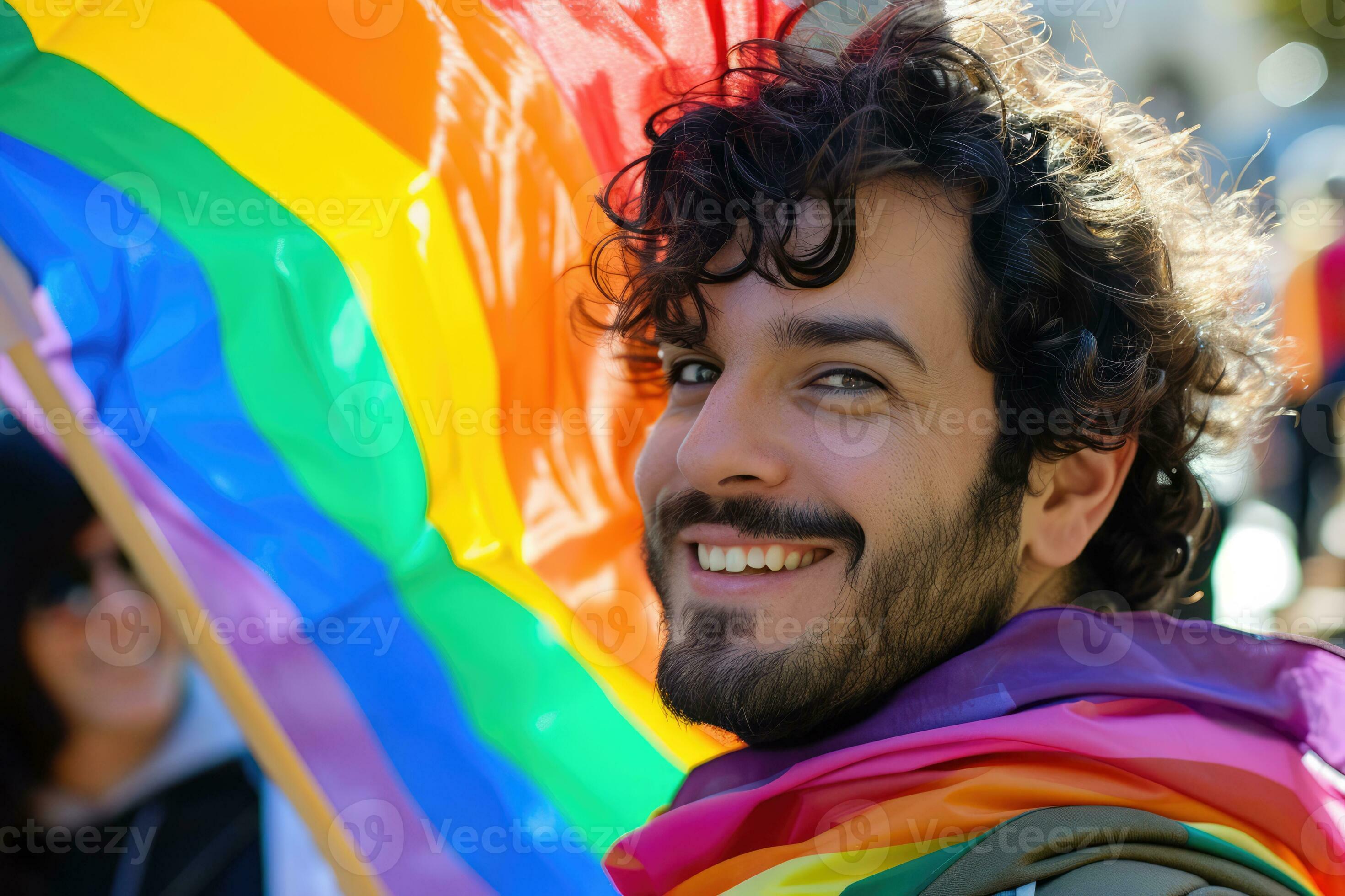 AI generated Generative AI, gay man smiling with rainbow flag, LGBT ...