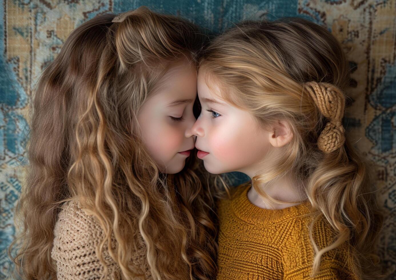 Ai Generated Two Daughters Kissing On Their Faces Standing Next To A Blue And White Background