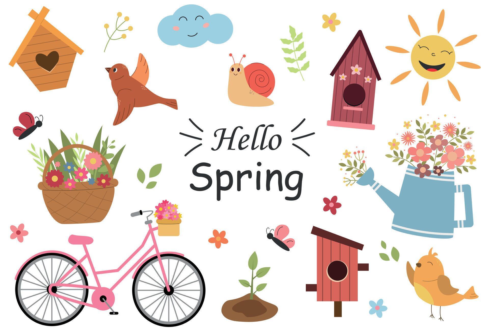 Hello Spring set, with birds, bike, flowers, birdhouses, sun and other ...