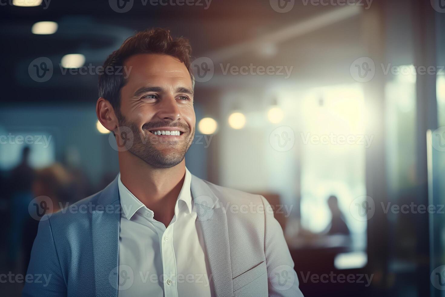 AI generated A happy smiling professional man, light blurry office ...
