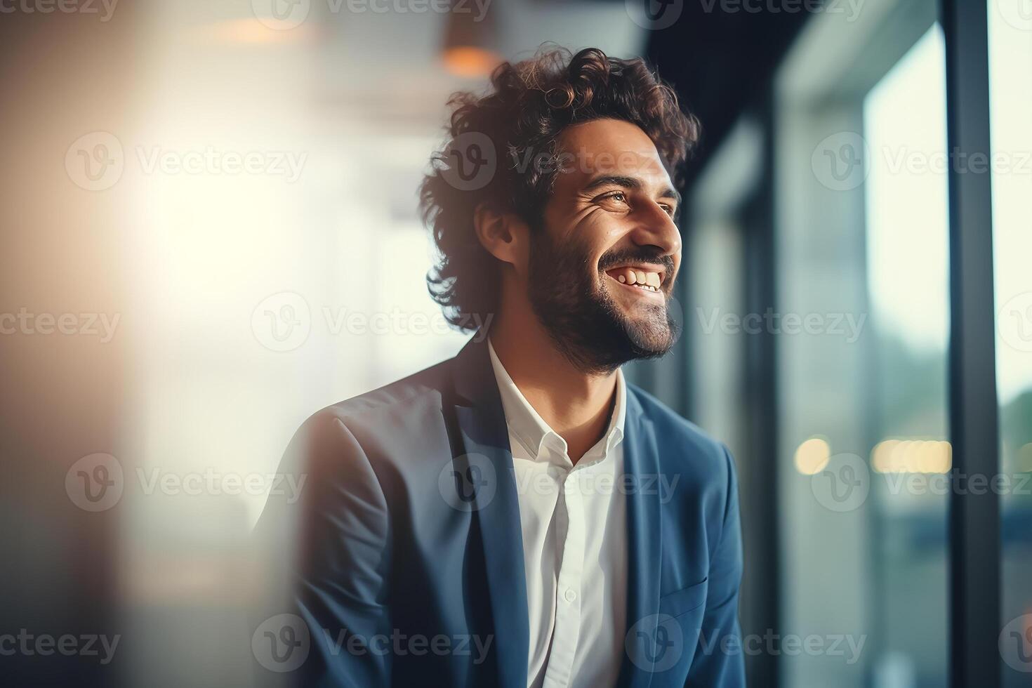 AI generated A happy smiling professional man, light blurry office ...