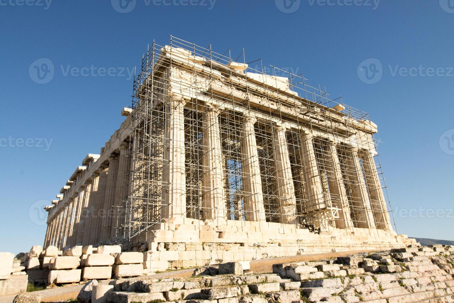 Construction being done on the Parthenon the main Temple on top of the Acropolis in Athens ...