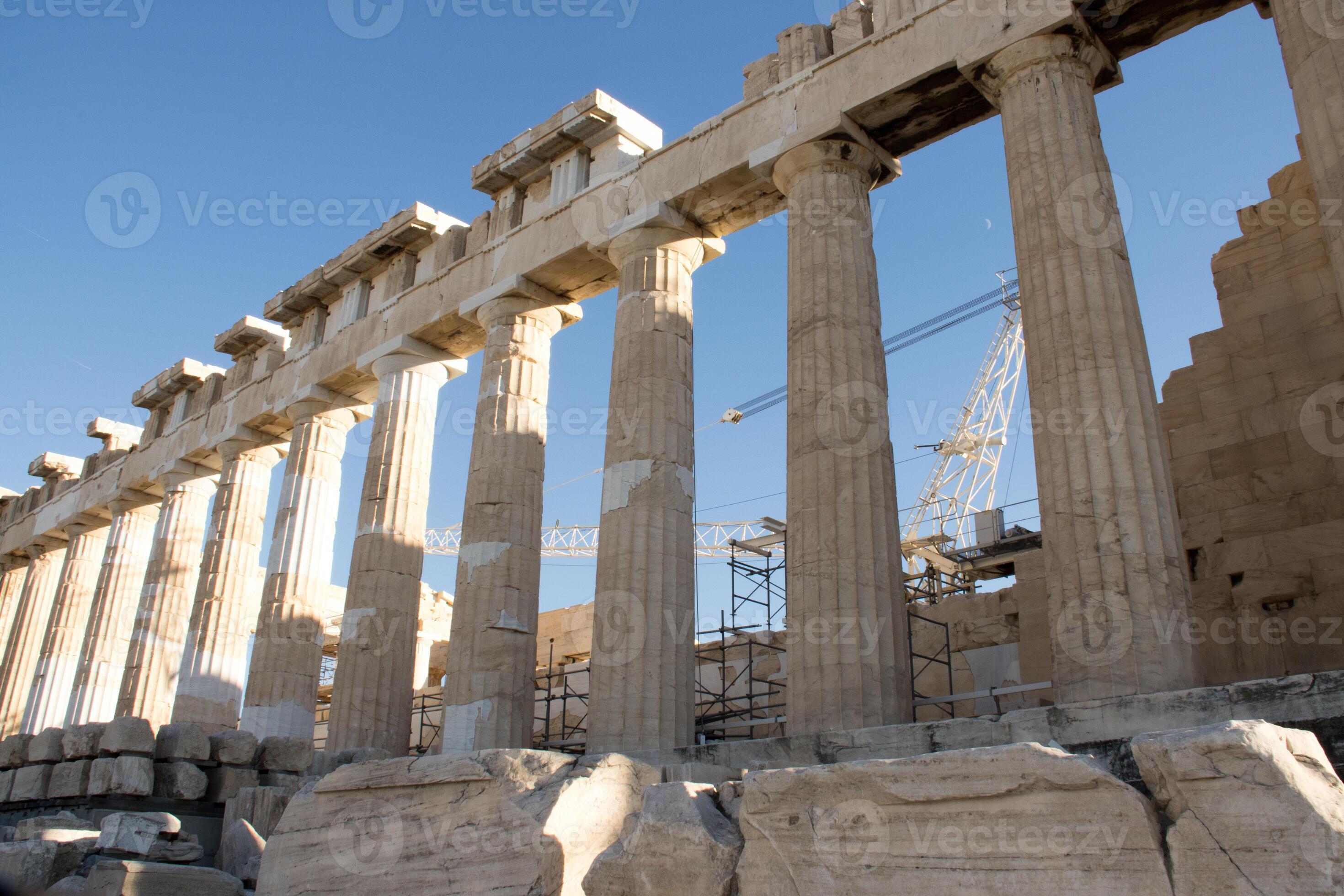 Construction being done on the Parthenon the main Temple on top of the Acropolis in Athens ...