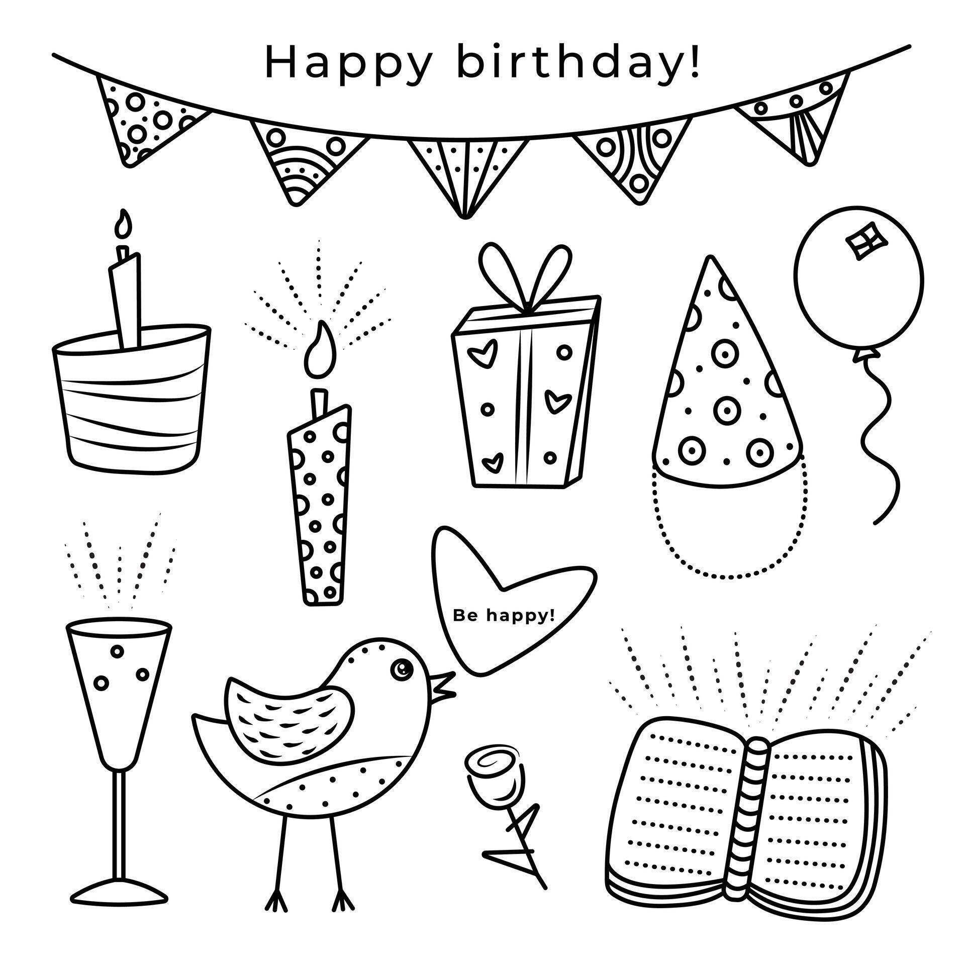 Birthday black and white cute doodle set, holiday vector line stickers ...