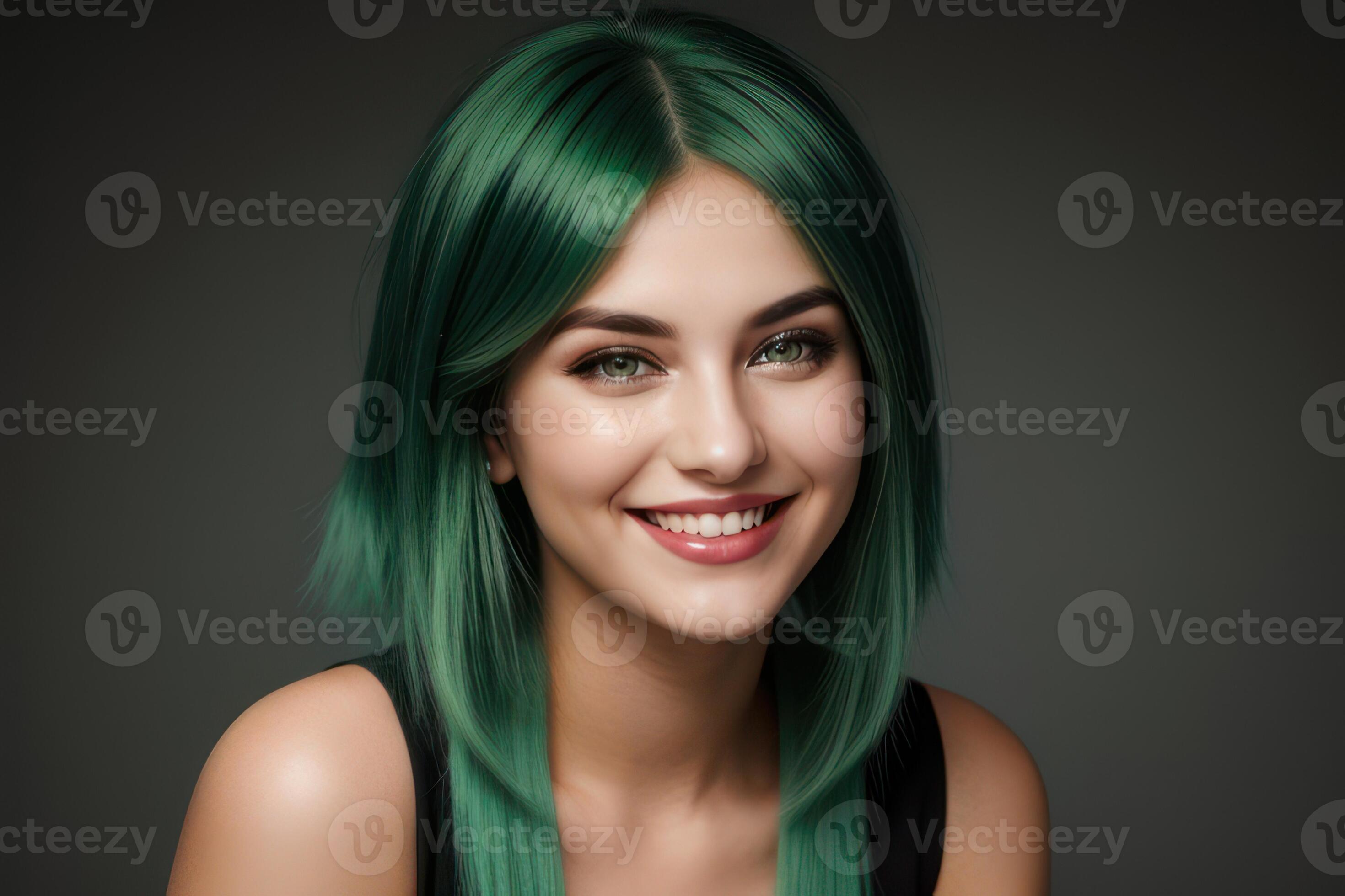 AI Generated Portrait beautiful green hair and eyes model woman with white teeth smile, healthy ...