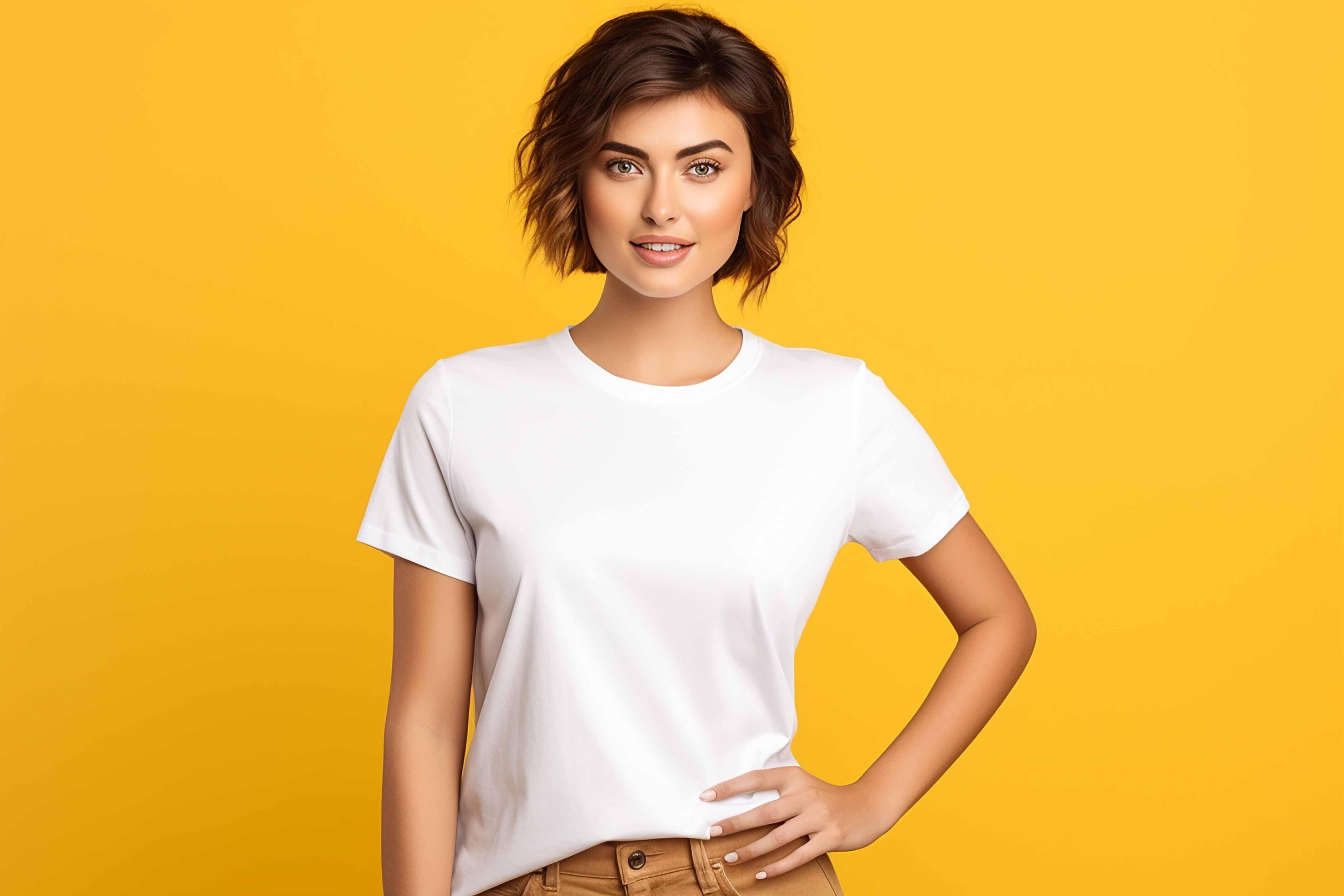 AI generated woman wearing white t-shirt mockup on yellow background 37205021 Stock Photo at ...