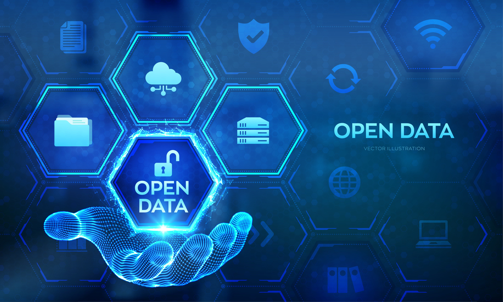 Open Data Database Icon In Wireframe Hand Digital File Storage System Software Online