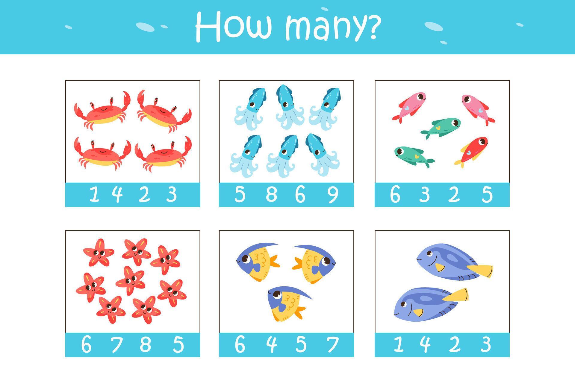 Count how many sea animals and fish. Counting game for kids ...