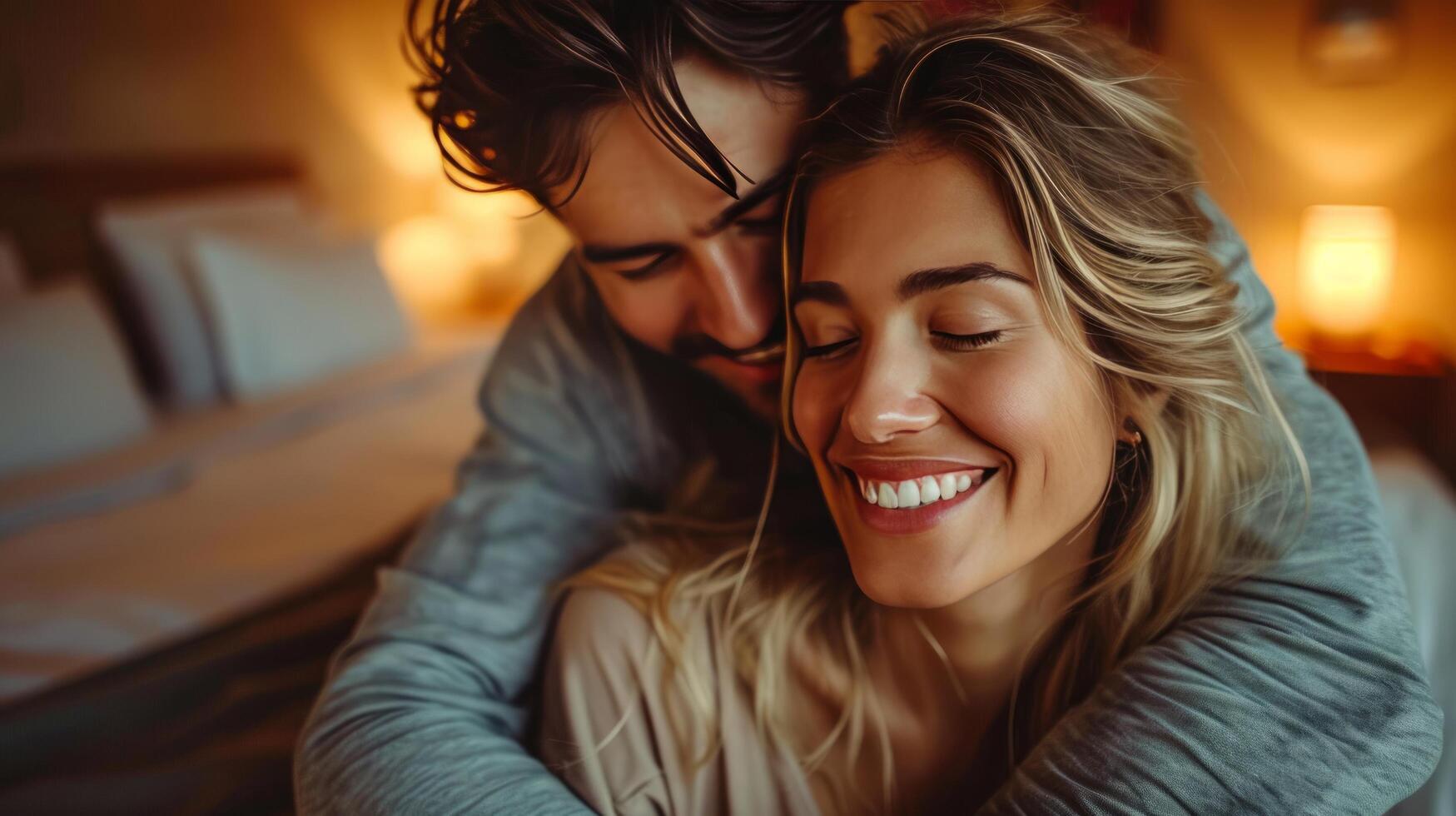 AI generated happy couple hug, bond and spending relax morning together in bedroom 37223039 ...