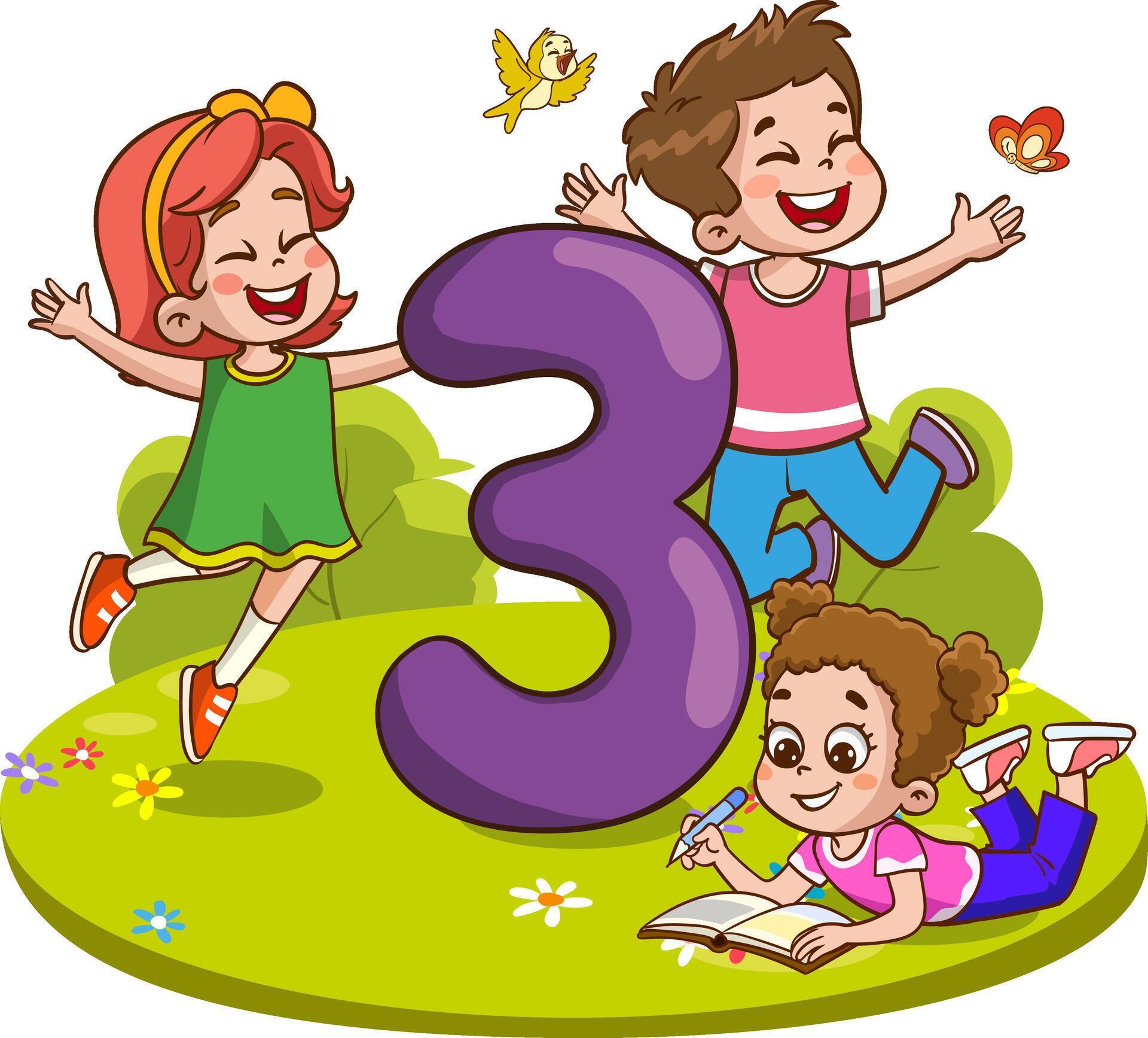 Cartoon Illustration of Kids with Number 3 or Number 3 for Children ...